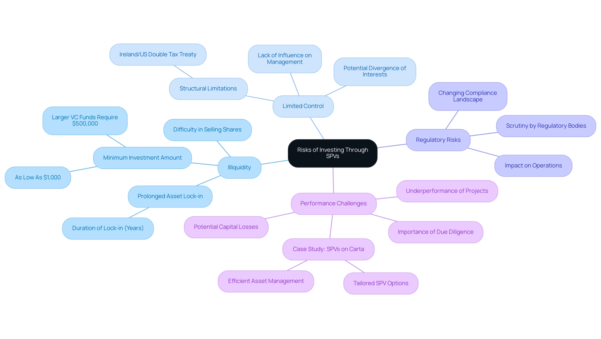 Each branch represents a specific risk associated with SPV investments, and sub-branches contain detailed points related to each risk.