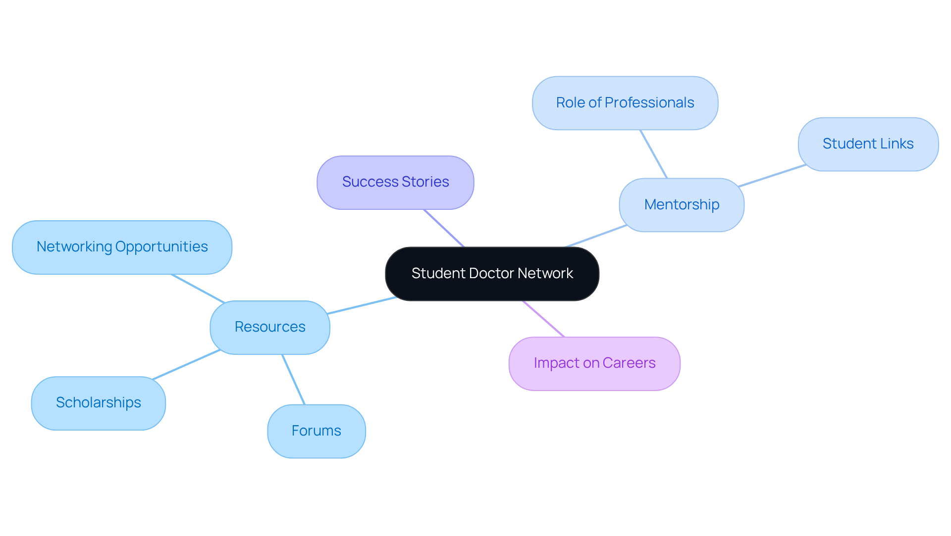 The central node represents the Student Doctor Network, while the branches show different aspects of how it supports aspiring medical professionals. Each branch highlights a key area, making it easy to see how they all connect to the main goal of fostering future healthcare leaders.