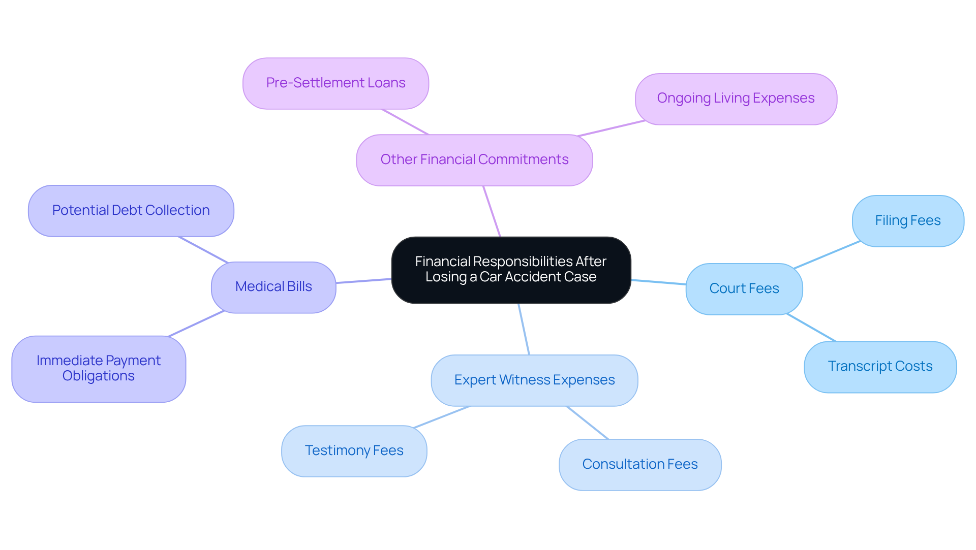 This mindmap shows the different financial obligations you might face if you lose your car accident lawsuit. Start at the center with the main topic, then follow the branches to see various costs like court fees and medical bills, along with details about each.