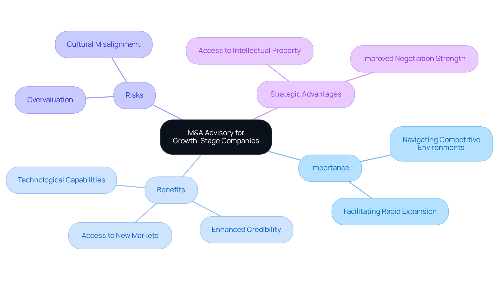 The central node represents the main topic, while the branches show different aspects of M&A advisory services. Each branch highlights a key area, making it easy to understand how they contribute to the overall importance of M&A for growth-stage firms. The central node represents the main topic, while the branches show different aspects of M&A advisory services. Each branch highlights a key area, making it easy to understand how they contribute to the overall importance of M&A for growth-stage firms.