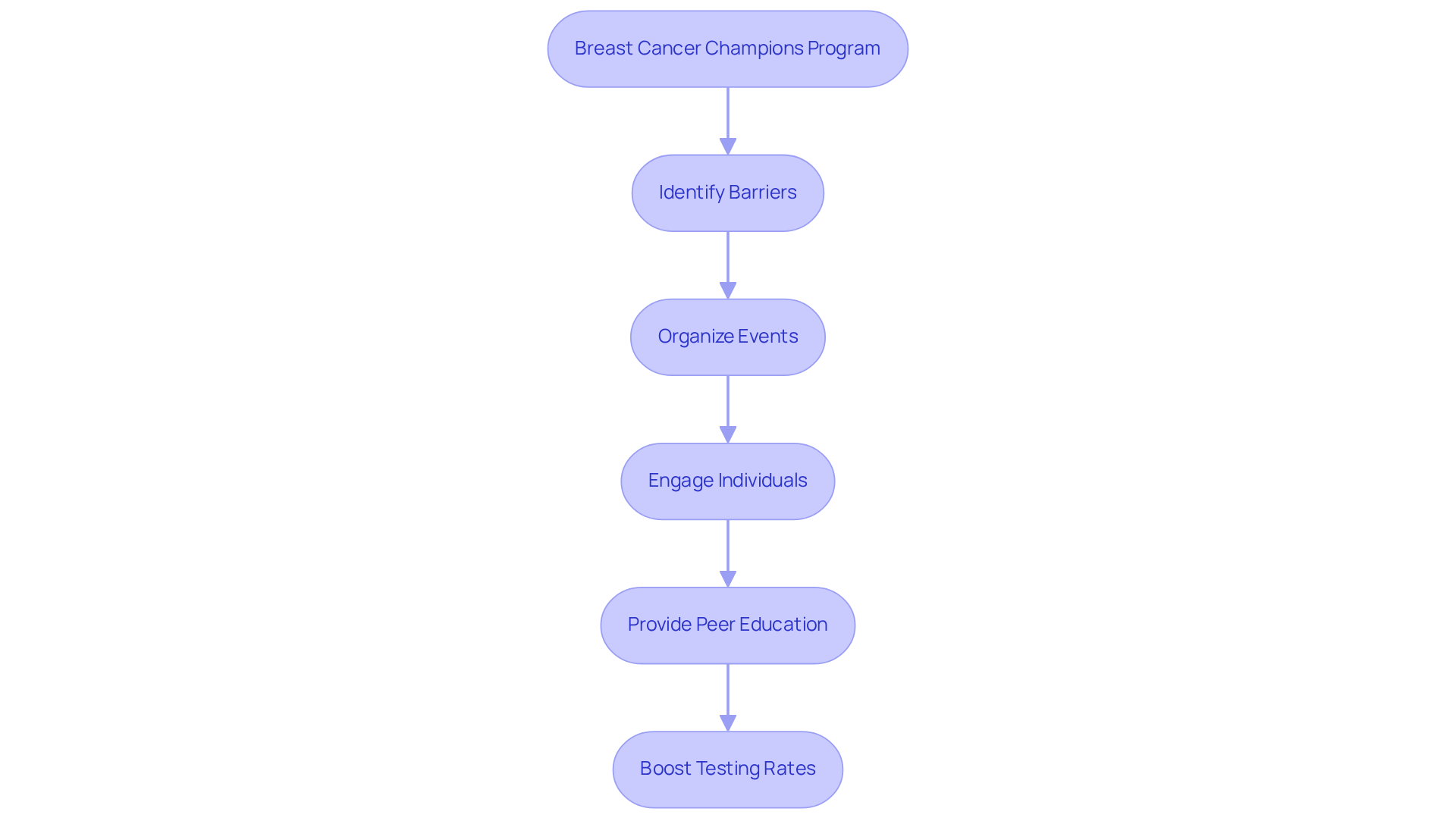 Follow the arrows to see how each step in the program connects. Starting from identifying barriers, each action builds on the previous one, leading to increased testing rates and better health outcomes.