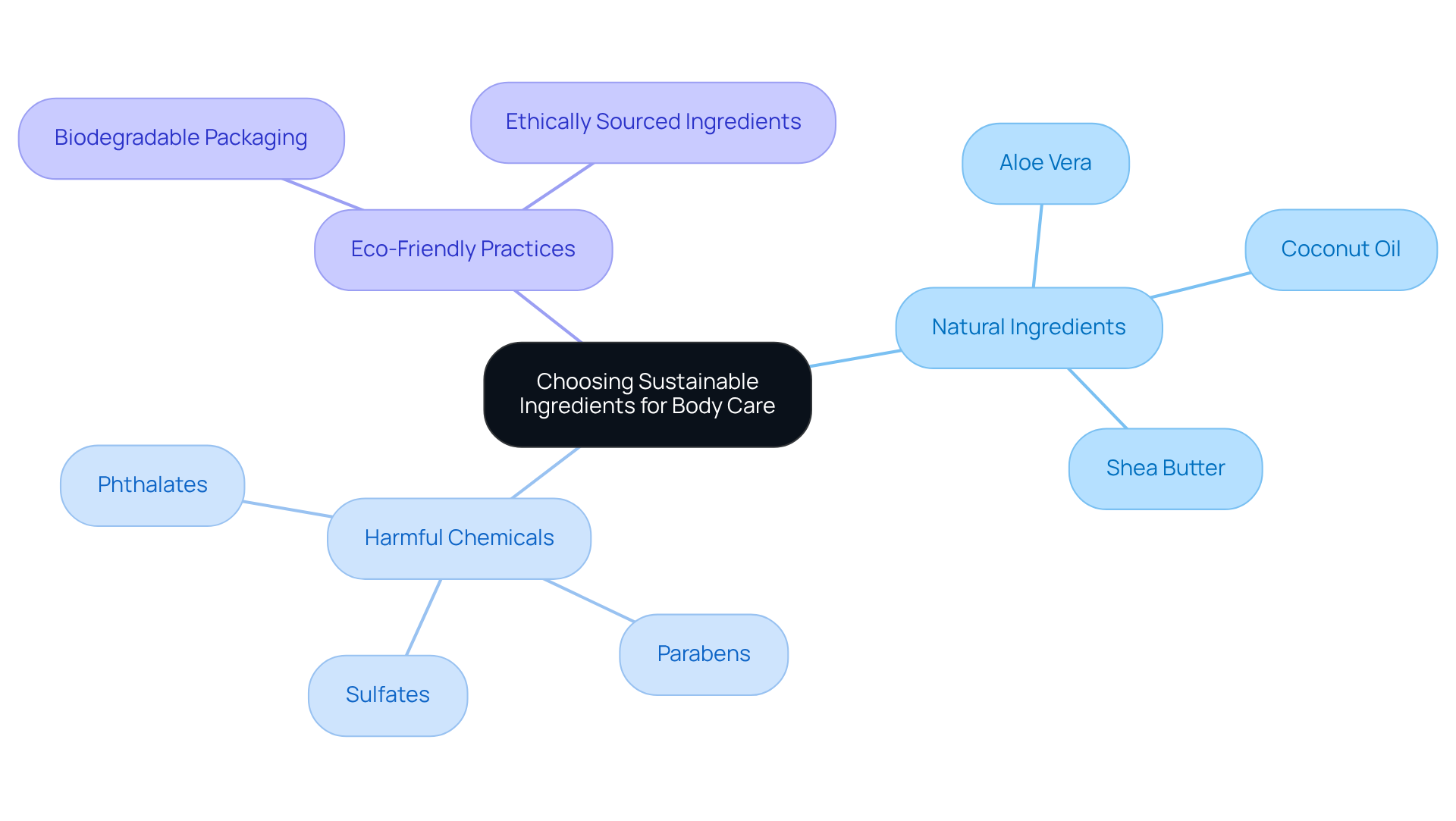 The central node represents the main theme of sustainable body care. Each branch shows important categories to consider, with further details on specific ingredients and practices. This layout helps you see how everything connects and supports your skin health and the environment.