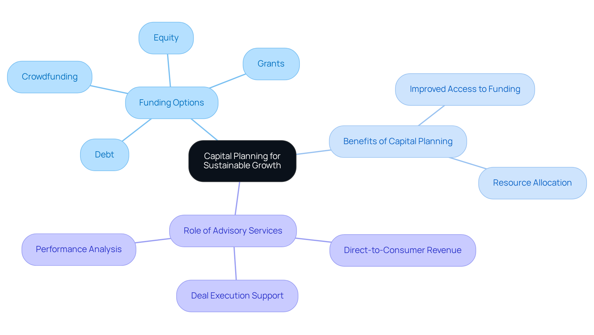 The center represents the overall theme of capital planning, and the branches show different funding options and their roles in achieving sustainable growth. Each color-coded branch helps you navigate through the various strategies and insights.