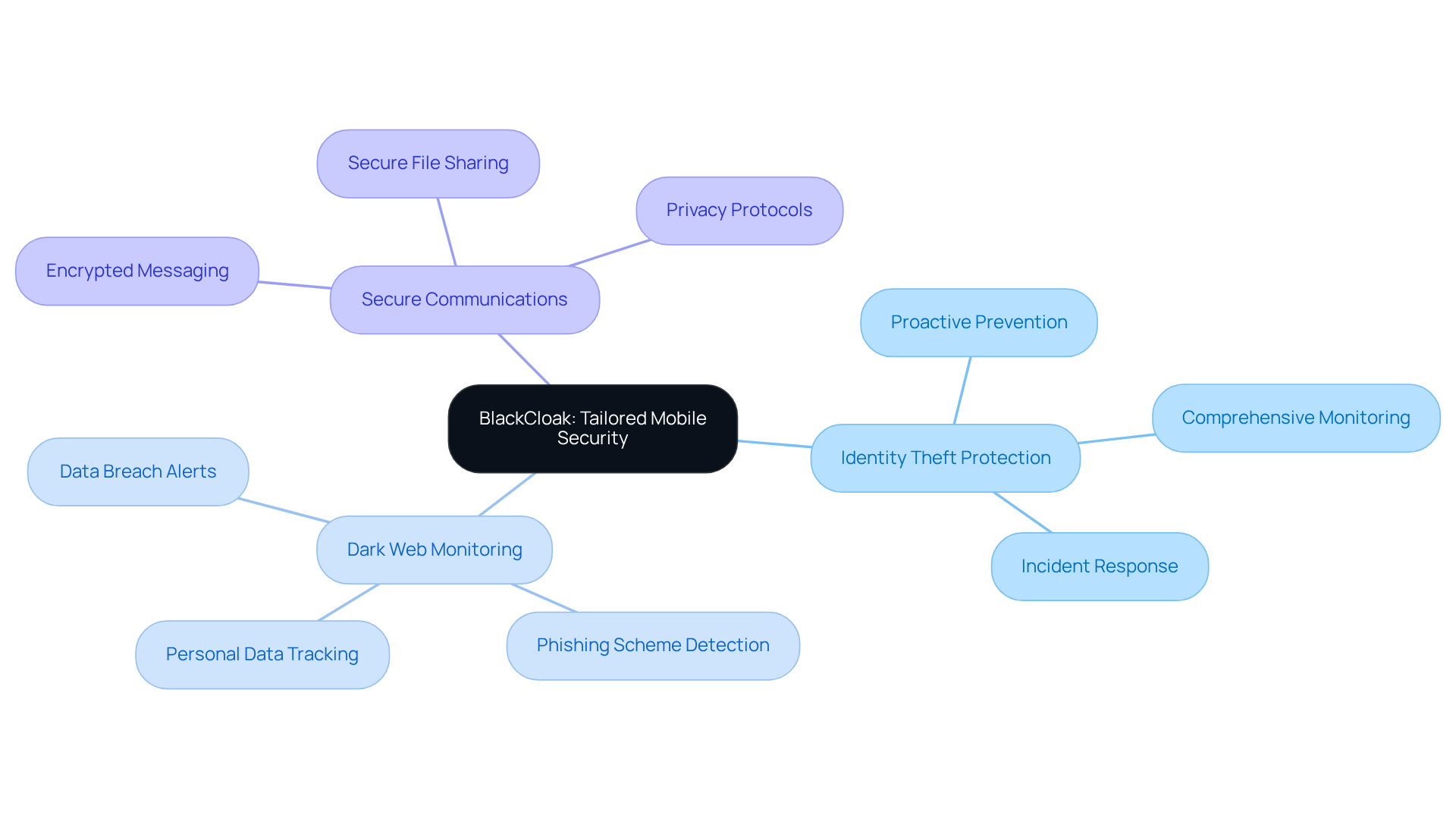 The center represents BlackCloak's focus on security for high-risk individuals, while the branches show the specific services they offer. Each service is designed to address unique vulnerabilities, helping clients stay safe in a complex digital world.