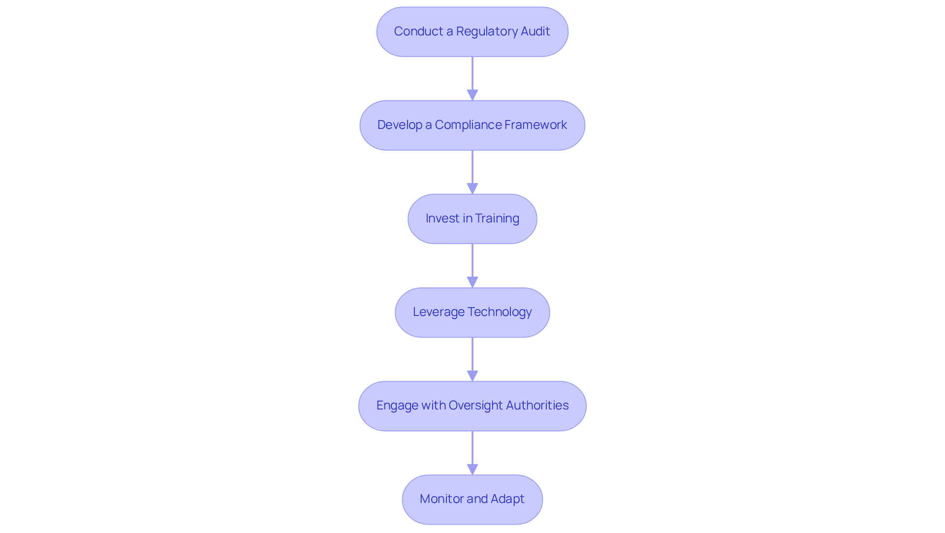 Each box in the flowchart represents a key strategy for regulatory compliance. Follow the arrows to see the order in which these strategies should be implemented to safeguard your startup's future. Each box in the flowchart represents a key strategy for regulatory compliance. Follow the arrows to see the order in which these strategies should be implemented to safeguard your startup's future.