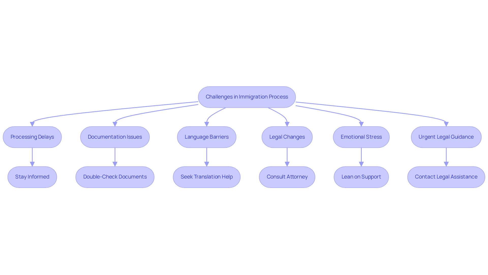 This flowchart helps you visualize common challenges in the immigration process and the steps you can take to address them. Each box represents a challenge, and the arrows guide you to possible solutions. Follow the flow to find the best way to tackle each issue!