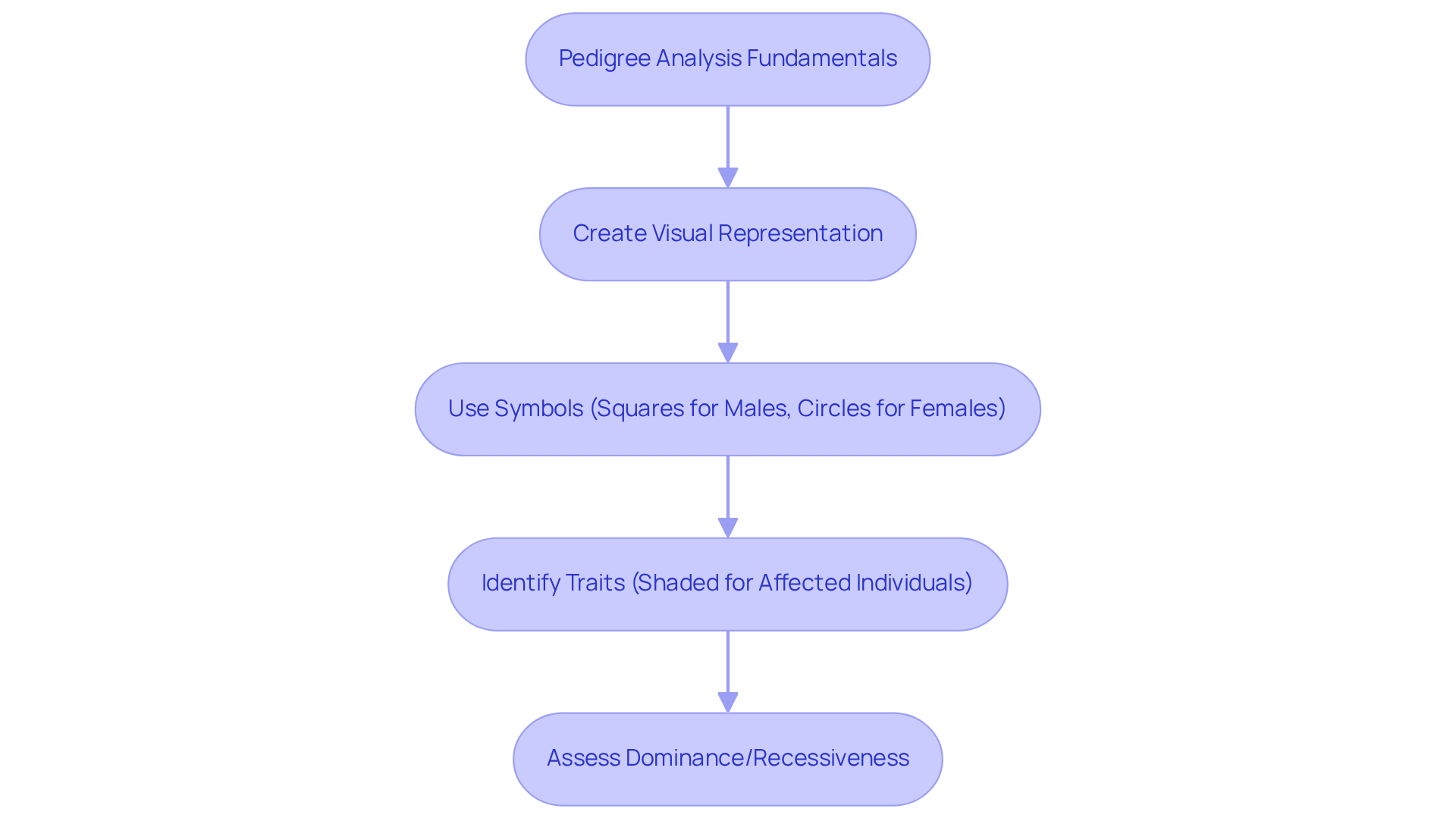 This flowchart outlines the key steps in pedigree analysis. Each box represents a stage in the process, and the arrows show how each step connects to the next. The symbols used are important for understanding family relationships and hereditary traits.