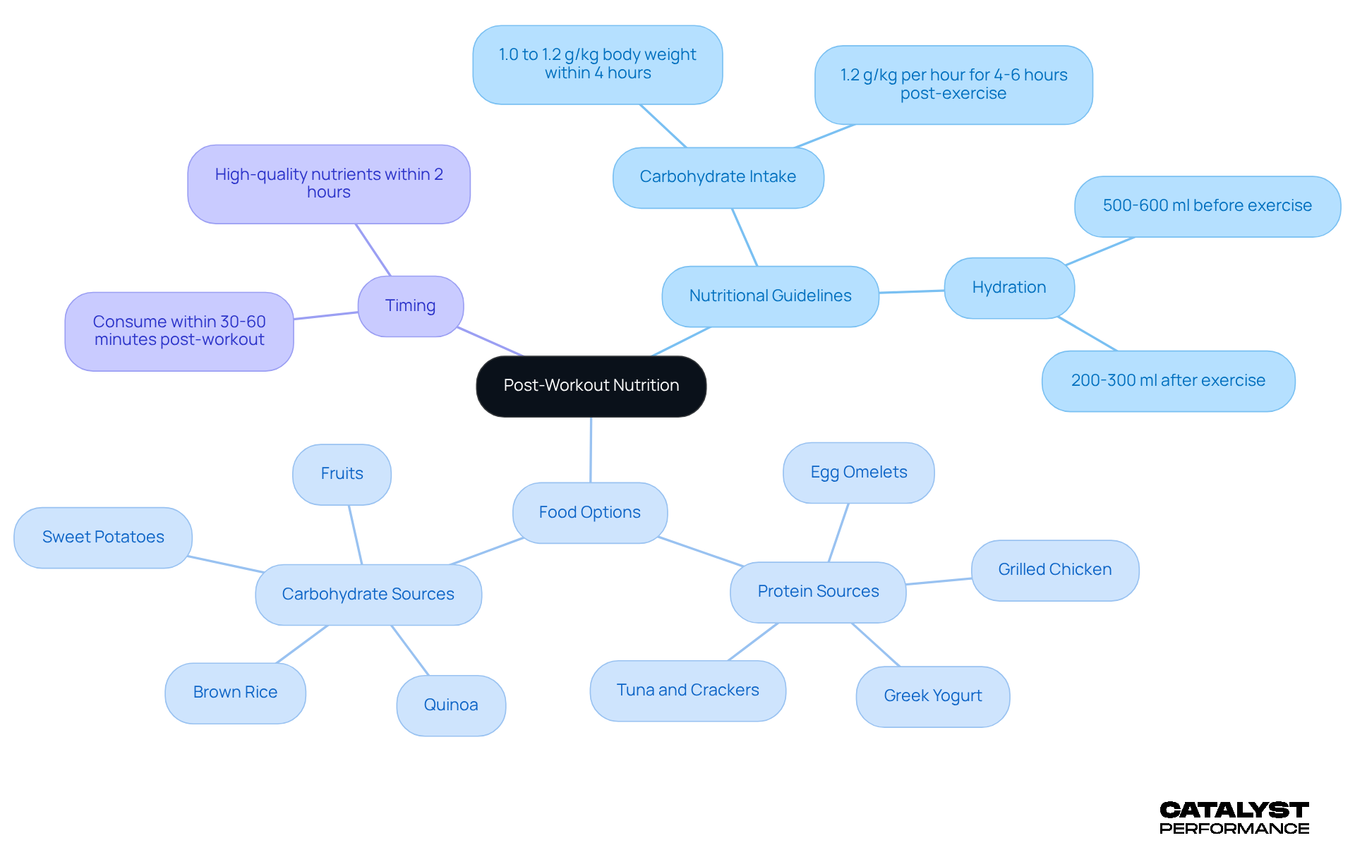 The center represents the main topic of post-workout nutrition. Follow the branches to explore guidelines, food options, and timing recommendations that support recovery and muscle growth. The center represents the main topic of post-workout nutrition. Follow the branches to explore guidelines, food options, and timing recommendations that support recovery and muscle growth.