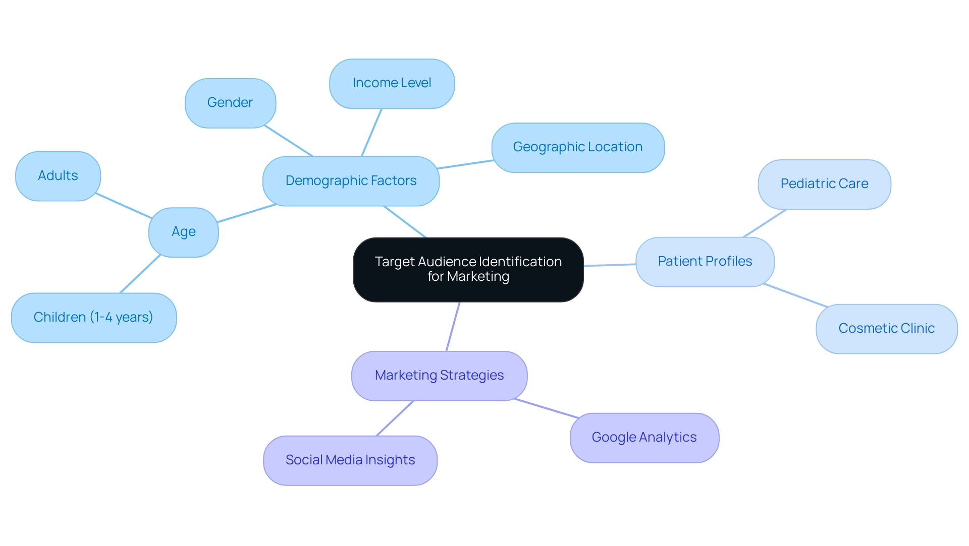 The central node represents the main topic, with branches indicating demographic factors, patient profiles, and marketing strategies, each shown in different colors.