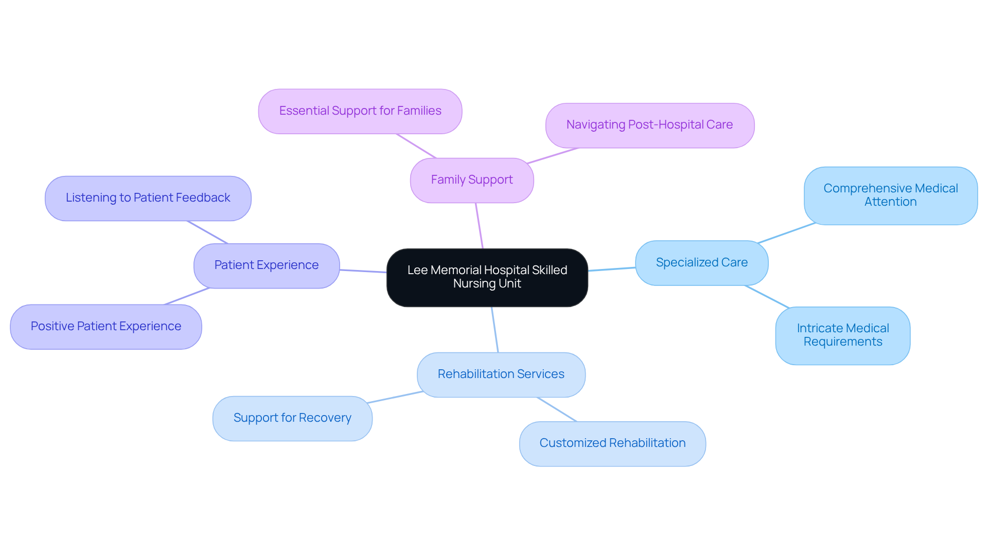 Start at the center with the main unit, then follow the branches to explore various services and support options available for patients and their families during recovery.