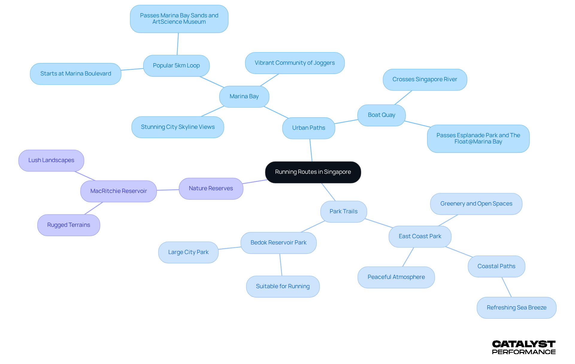 The central node represents the overall theme of running routes, while the branches show different types of routes. Each sub-branch highlights unique features, helping you understand what makes each route special.