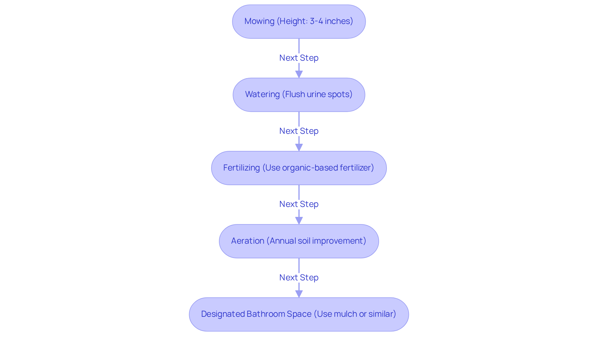 Each box represents a step in caring for your lawn while accommodating your pets. Follow the arrows to see how each practice contributes to a healthy, resilient lawn.