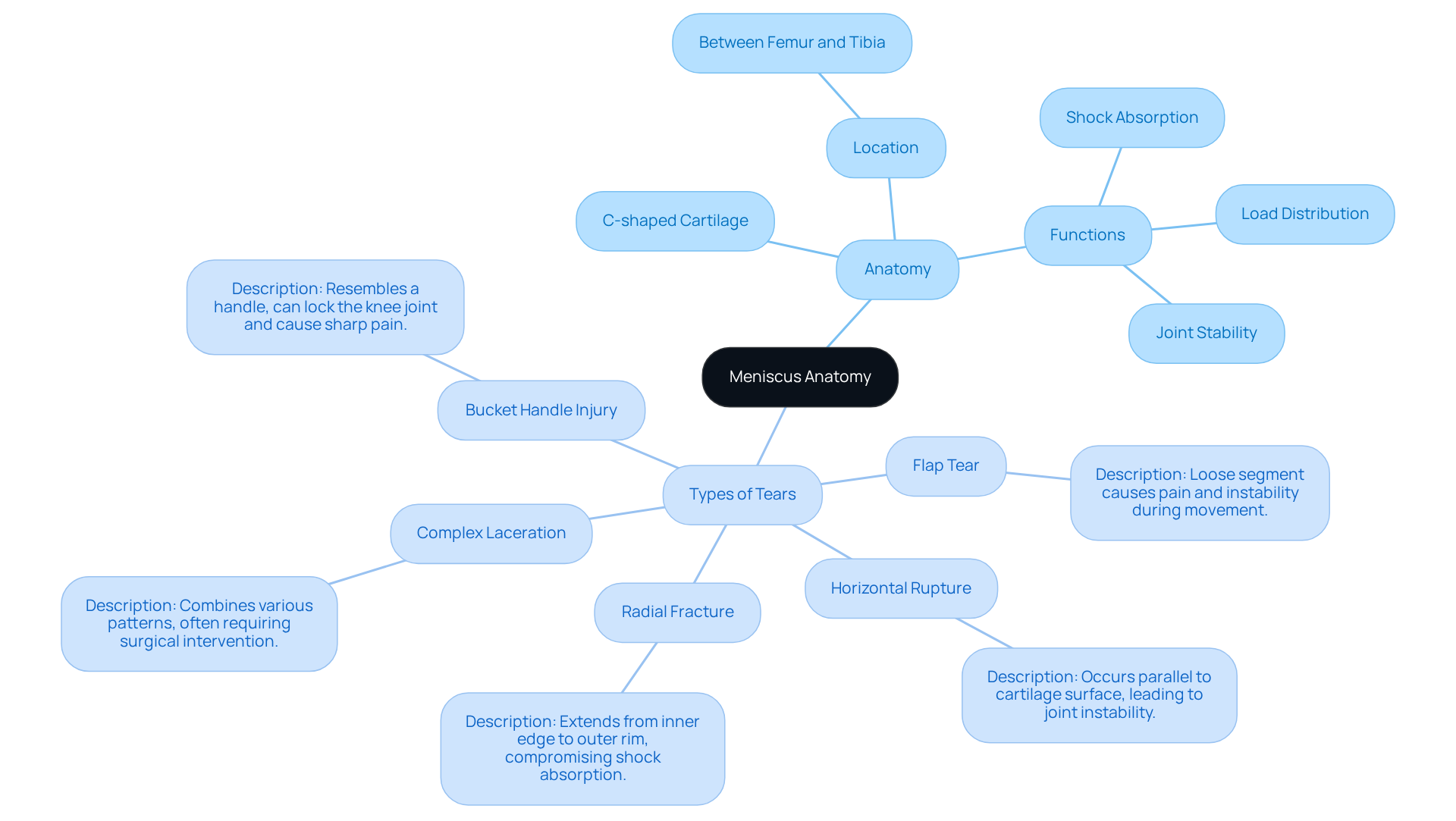 The central node represents the overall topic of meniscus anatomy, while the branches detail the different types of tears and their characteristics. Each color-coded branch helps distinguish between the types, making it easier to understand their unique features.