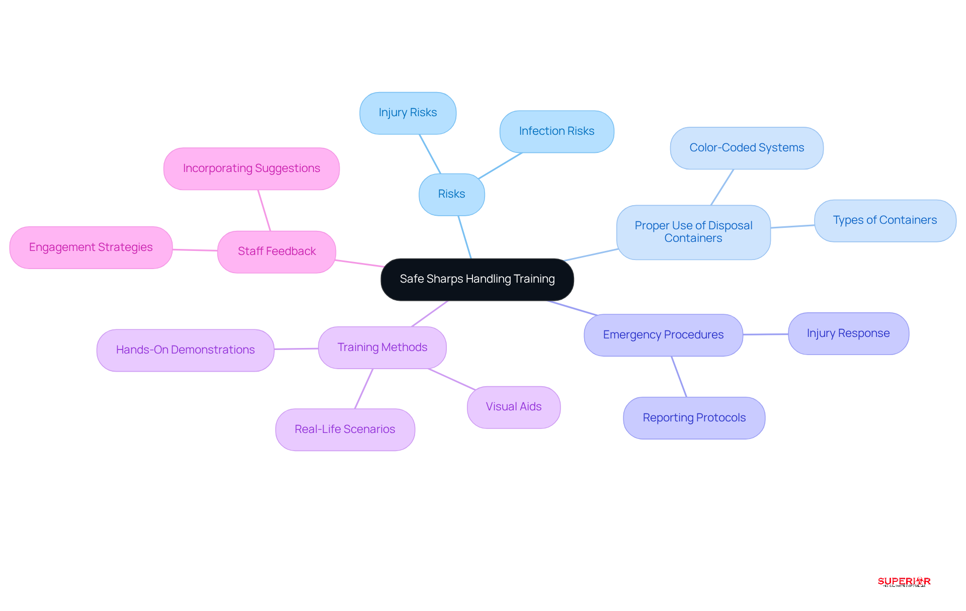 The center represents the main training focus, while the branches show different aspects of the training program. Each branch can be explored for more details, helping staff understand the full scope of safe sharps handling.