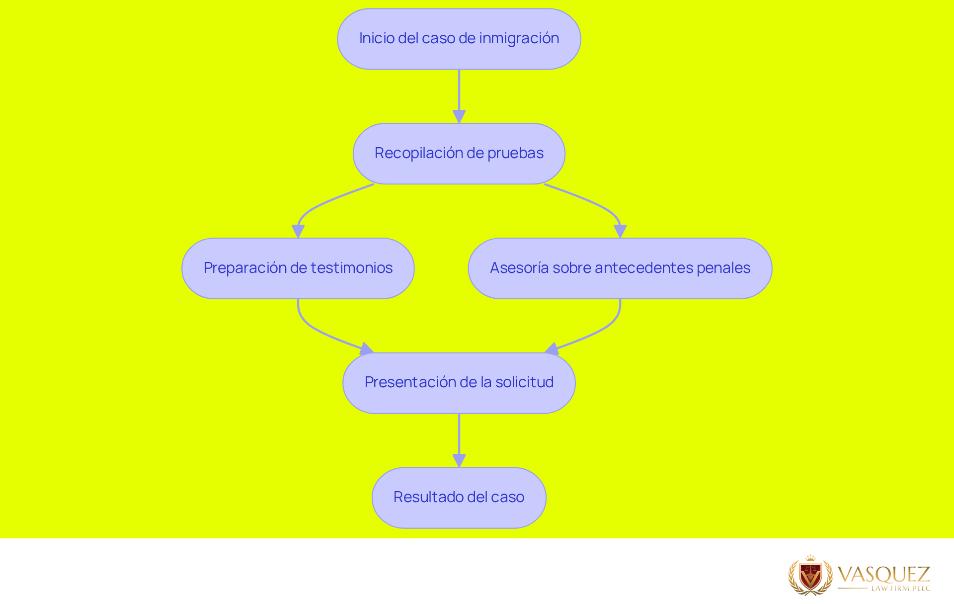Cada cuadro representa una etapa del proceso. Sigue las flechas para entender cómo cada paso lleva al siguiente, desde la recopilación de pruebas hasta el resultado final del caso.