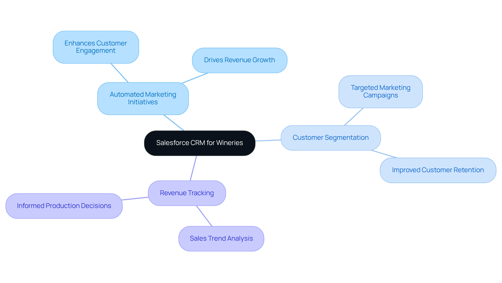 The central node represents Salesforce’s CRM for wineries. Each branch shows a different feature, and the sub-branches explain how these features help wineries improve their customer relationships and increase sales.