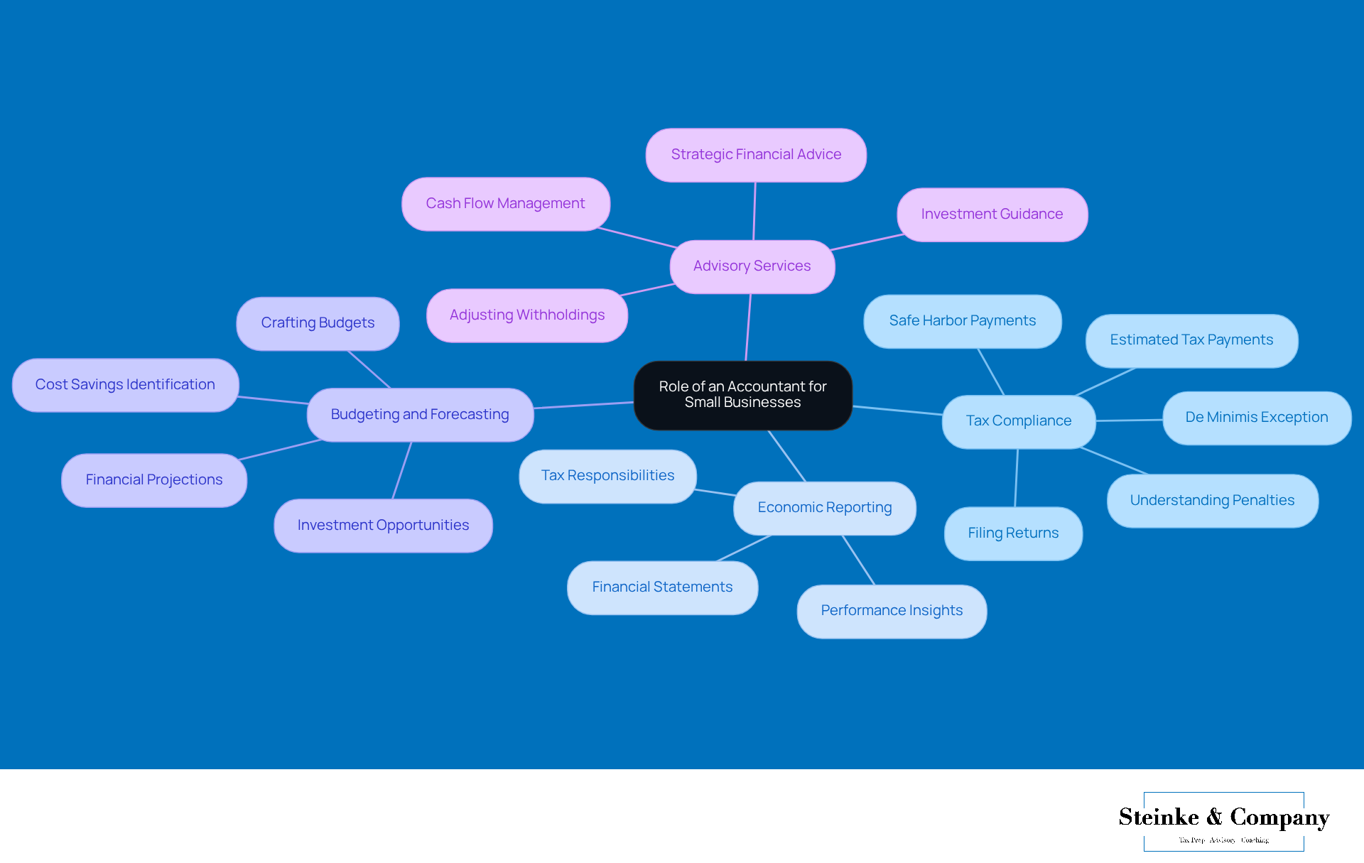 The central node highlights the accountant's role, while the branches and sub-branches show specific responsibilities and their benefits for small businesses. Follow the connections to see how each task plays a part in financial health. The central node highlights the accountant's role, while the branches and sub-branches show specific responsibilities and their benefits for small businesses. Follow the connections to see how each task plays a part in financial health.