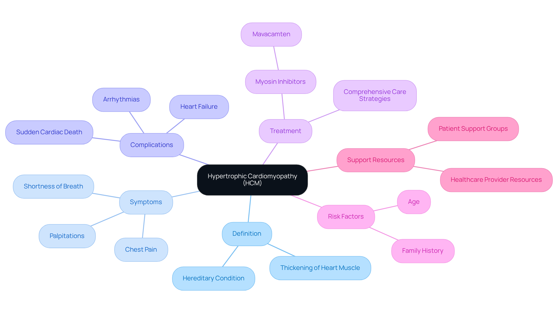 The central node represents HCM, with branches showing different facets of the condition. Each branch connects to related points, helping you see how aspects of HCM are interlinked and why they matter.