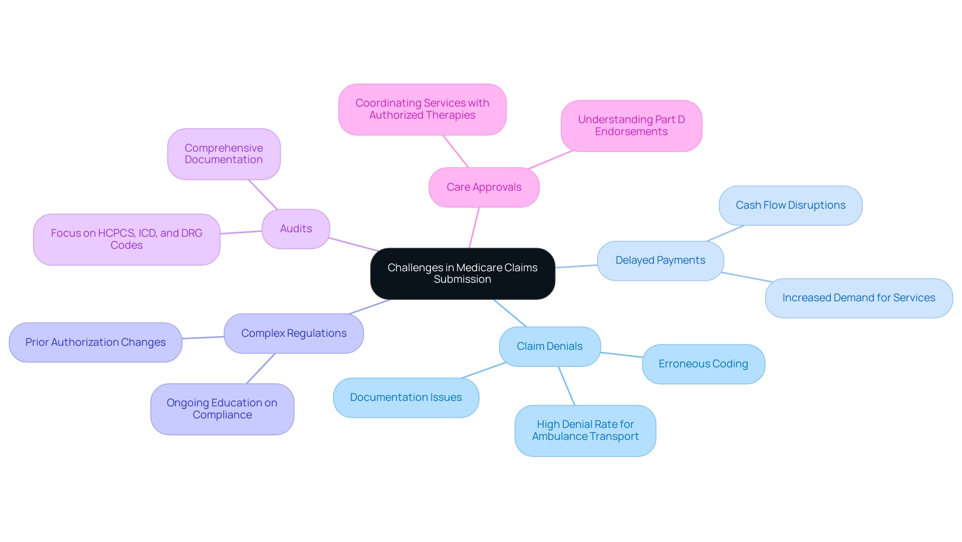 Each branch represents a specific challenge in Medicare claims submission, with sub-branches detailing implications and recommendations for addressing these challenges.