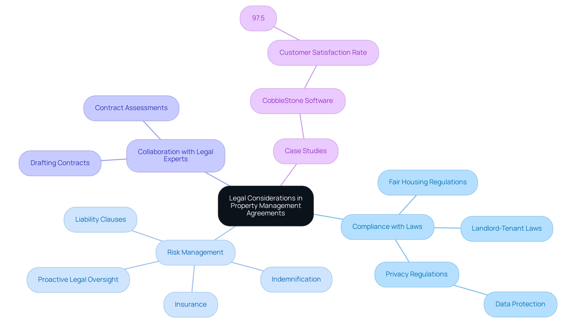 The central node represents the main topic, with branches showing key areas of legal considerations and their respective subcomponents.