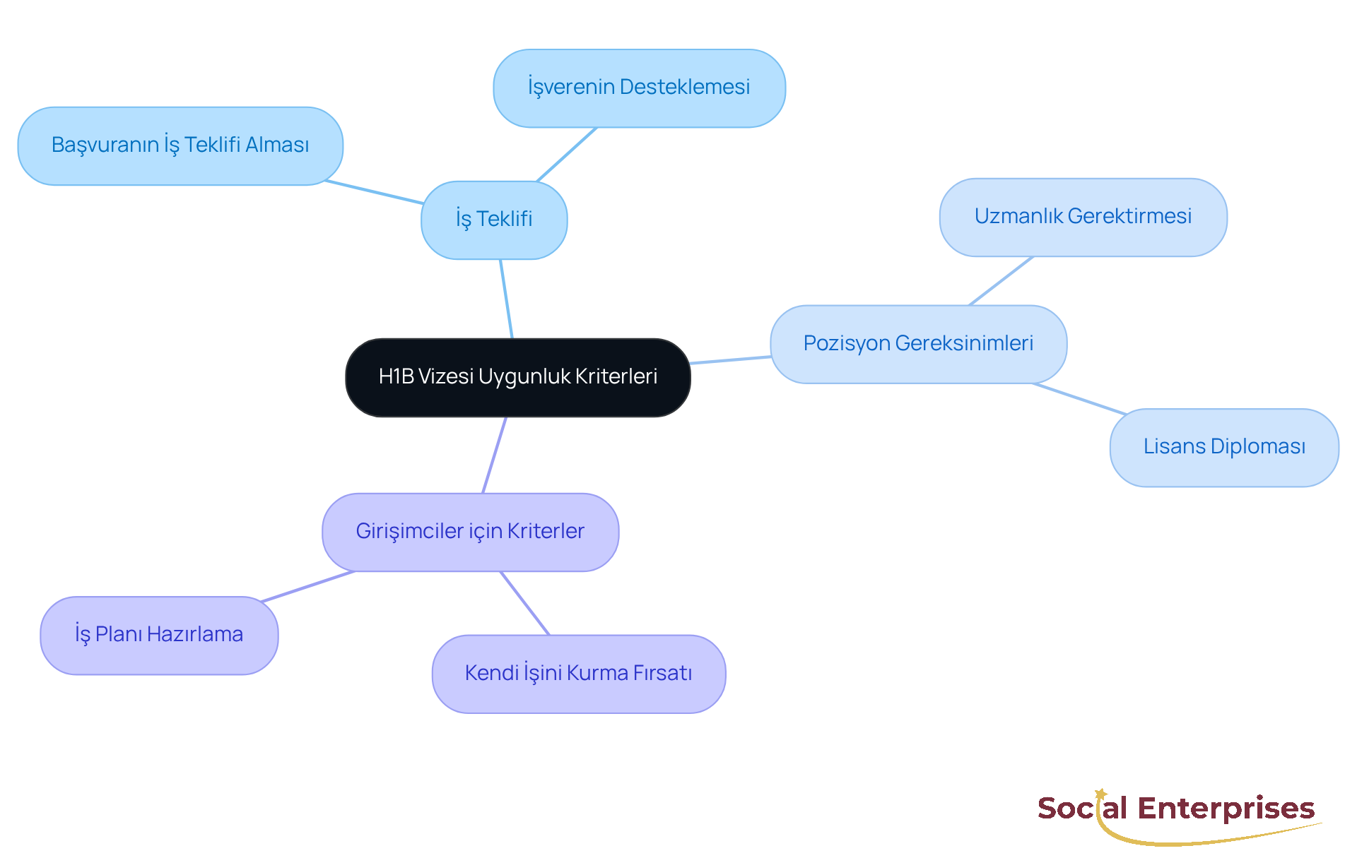 Bu mindmap, H1B vizesi için gereken kriterleri gösterir. Merkezdeki konu, etrafındaki dallar ise ana kriterleri ve bunların altındaki detayları temsil eder. Bu mindmap, H1B vizesi için gereken kriterleri gösterir. Merkezdeki konu, etrafındaki dallar ise ana kriterleri ve bunların altındaki detayları temsil eder.