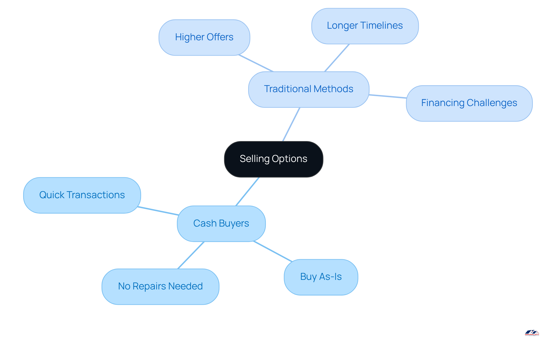 Start at the center with the main topic of selling options. Follow the branches to explore cash buyers and traditional methods, along with their respective benefits and challenges.