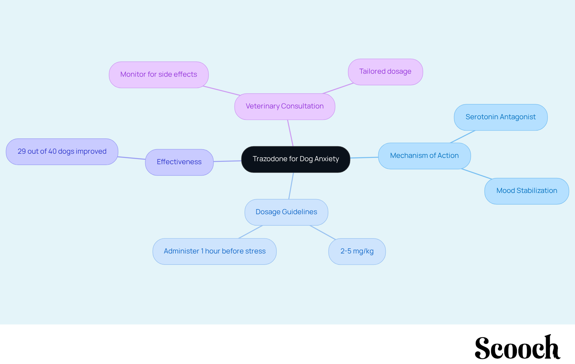 The central node represents Trazodone, and the branches show important aspects like how it works, how much to give, its effectiveness, and why you should talk to your vet. Each branch helps you see the full picture of using this medication for your dog's anxiety.
