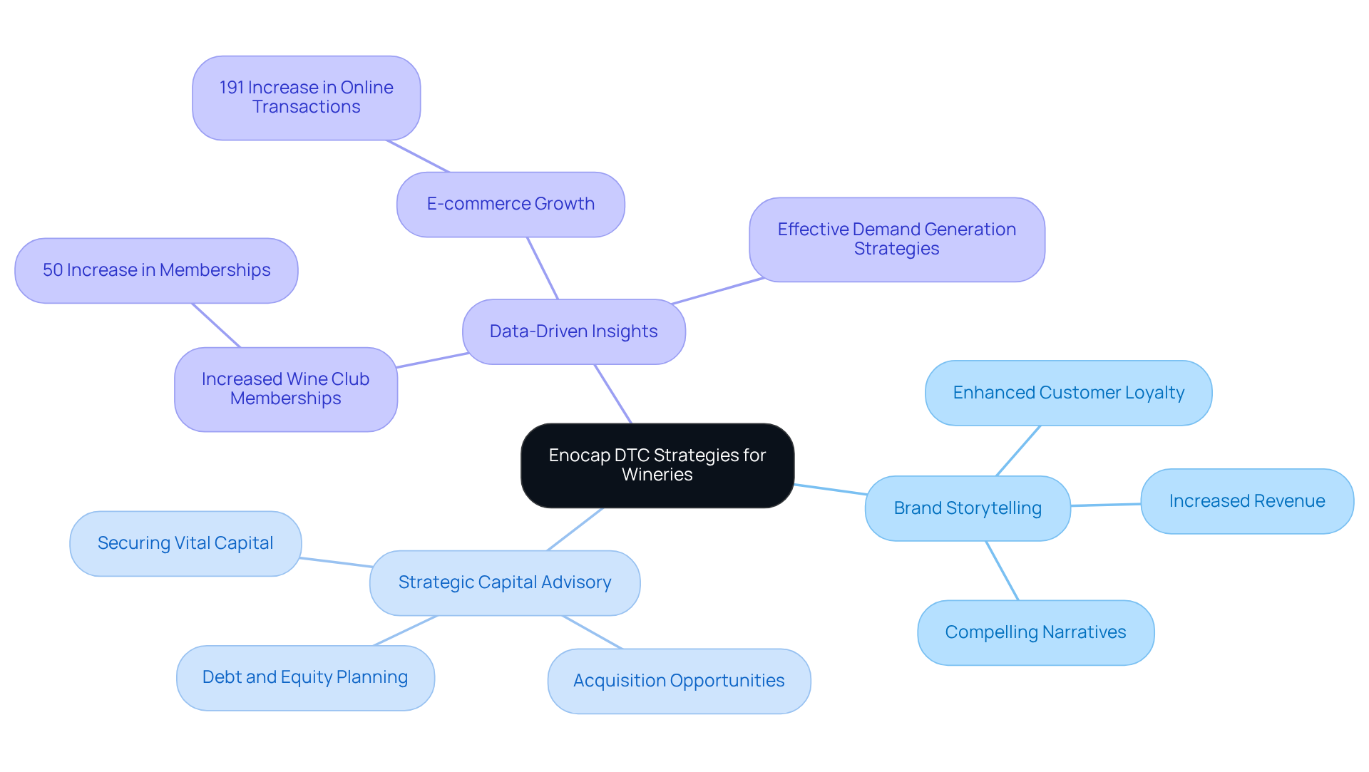 The central node represents Enocap's overall strategy, while branches show key focus areas. Sub-branches detail specific actions and results, making it easy to see how each part contributes to winery success.