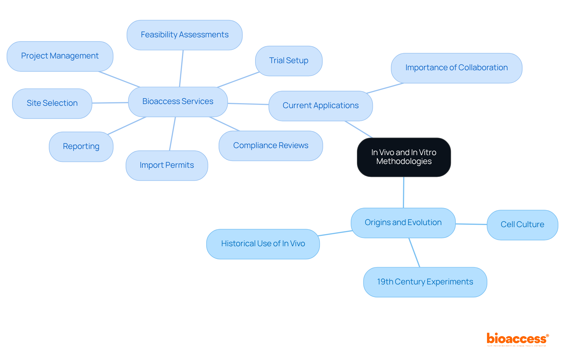 The central node represents the main topic, while branches show the historical context, current applications, and services related to in vivo and in vitro methods. Each color-coded branch helps differentiate between the various aspects of the discussion.
