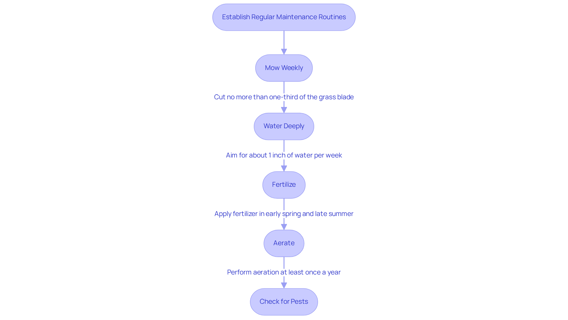 Follow the arrows to see the steps for maintaining a healthy lawn. Each box represents an important action you should take, and the descriptions provide tips on how to do it effectively.