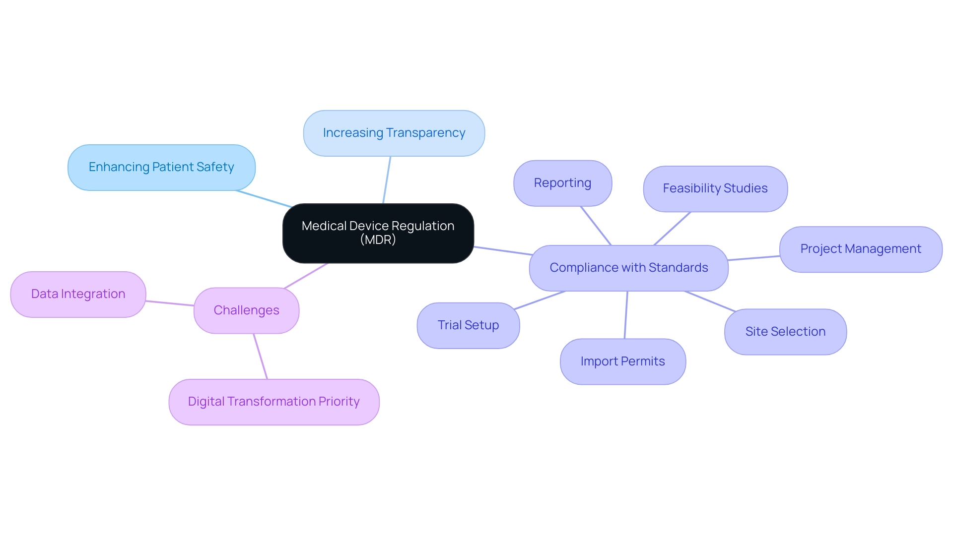 The central node represents the MDR, with branches indicating its objectives and sub-branches detailing specific requirements and challenges.