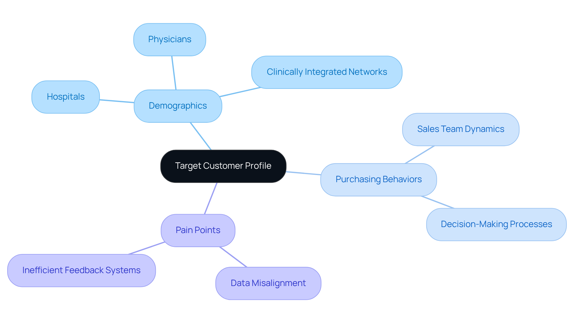 Start at the center with the main idea of defining your target customer. Follow the branches to explore different aspects like demographics and behaviors, and see how they connect to specific categories and roles within the healthcare sector.