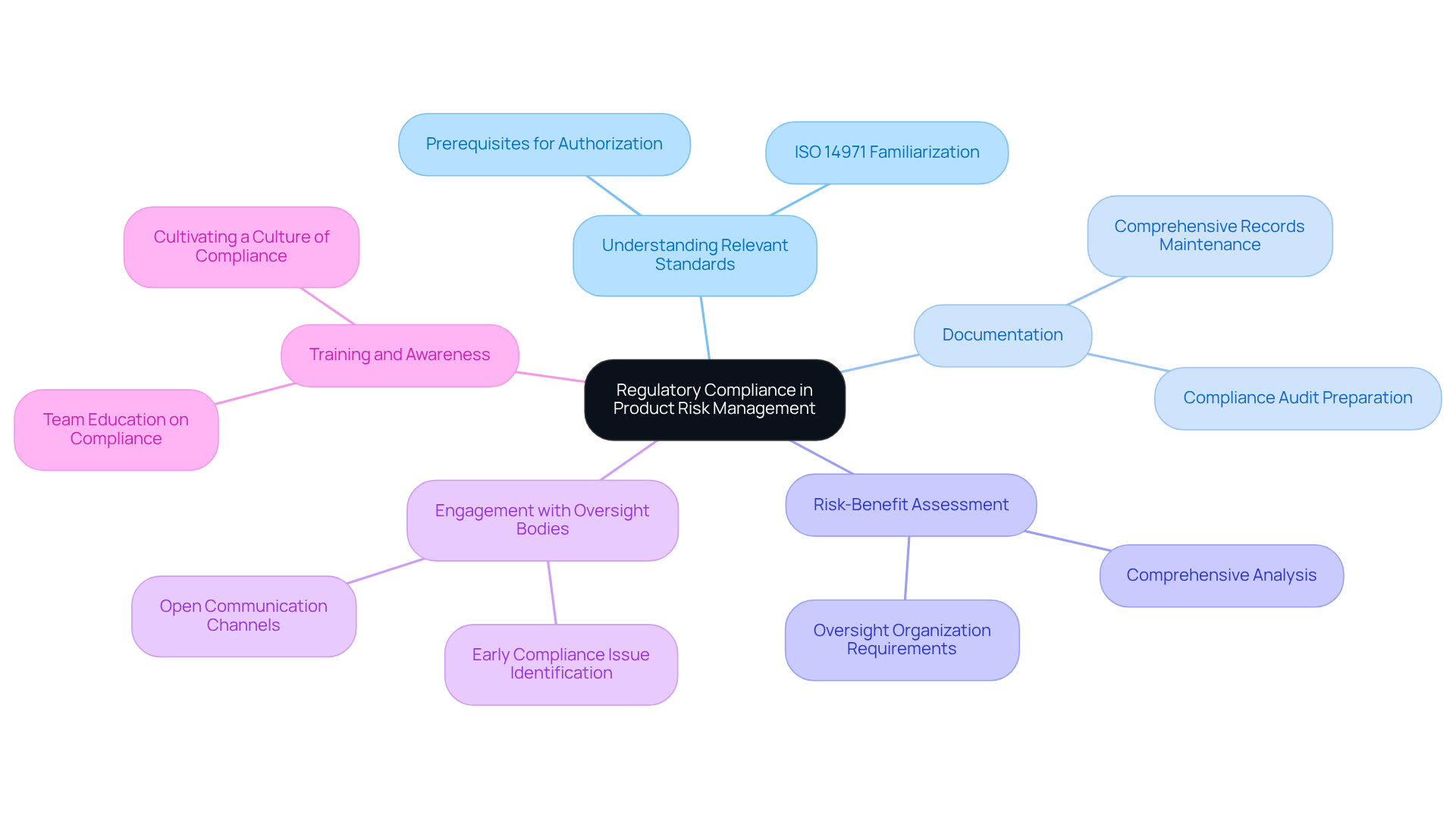The central node represents the main theme of regulatory compliance. Each branch shows a key consideration, and the sub-branches provide further details or actions related to that consideration. This layout helps you see how each part contributes to effective product safety management. The central node represents the main theme of regulatory compliance. Each branch shows a key consideration, and the sub-branches provide further details or actions related to that consideration. This layout helps you see how each part contributes to effective product safety management.