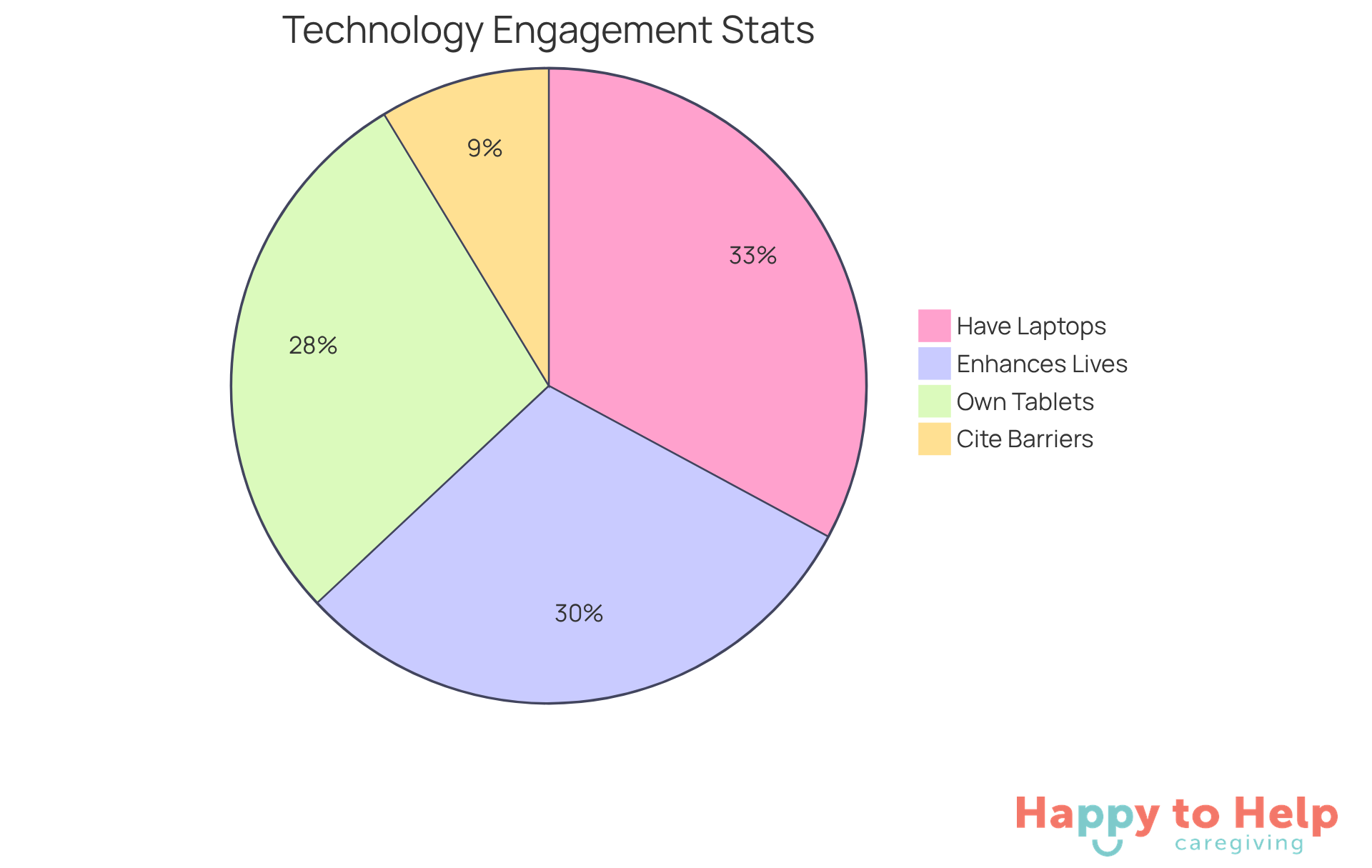 Each slice of the pie shows a different aspect of how older adults interact with technology - the bigger the slice, the more people feel that way. For example, the blue slice shows how many believe technology enhances their lives.