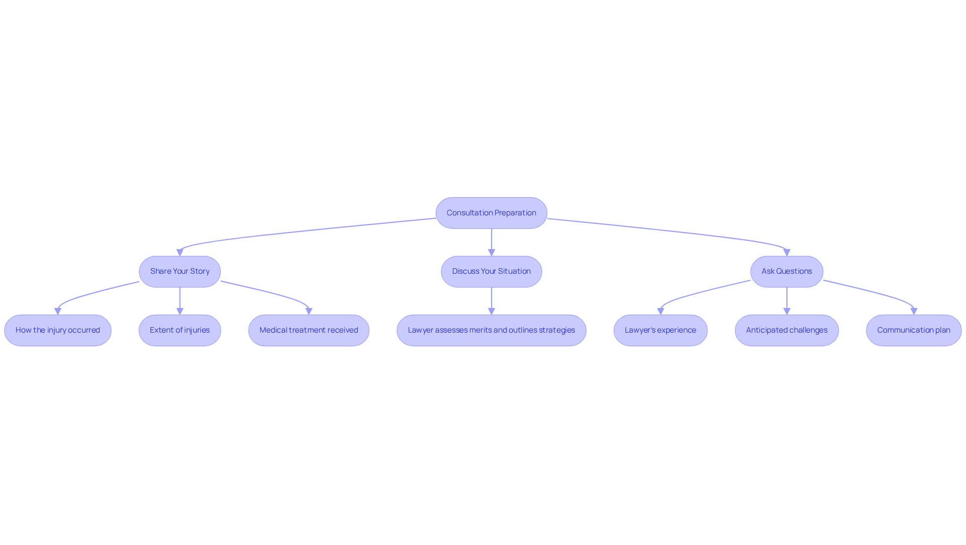 This flowchart guides you through the steps of your consultation. Start by preparing your story and documents, then move on to discussing your situation with the lawyer, and finally, don't forget to ask important questions. Each step is designed to help you make the most of your time and ensure you understand the process.