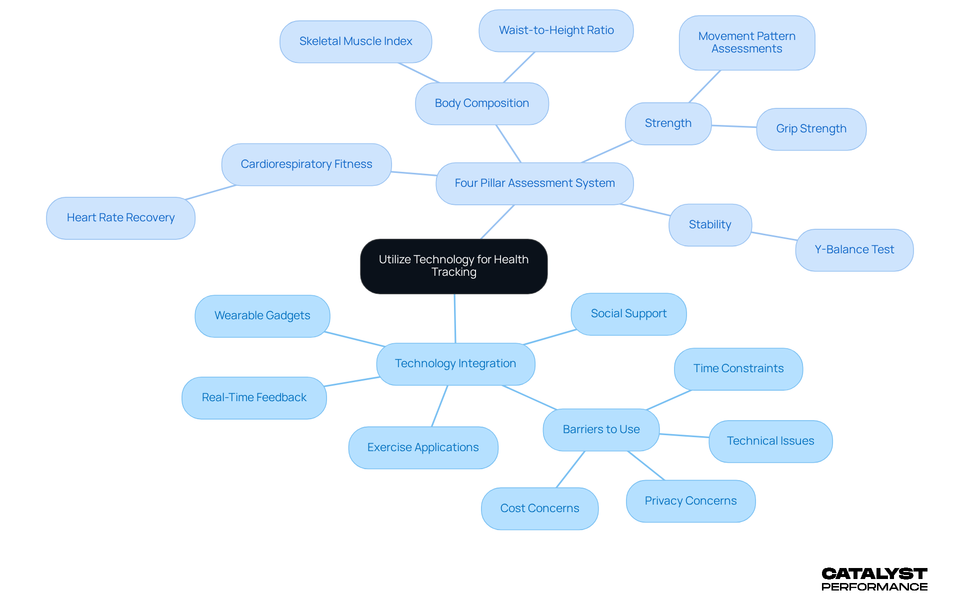 The central node represents the main theme of using technology for health tracking, while the branches show how this theme is broken down into specific areas and metrics for assessment.