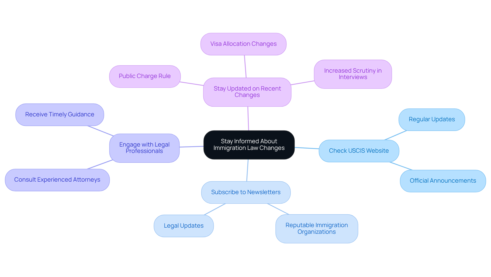 The center represents the main theme, and each branch shows a strategy to stay informed. Follow the branches to see specific actions you can take to navigate immigration law changes effectively.