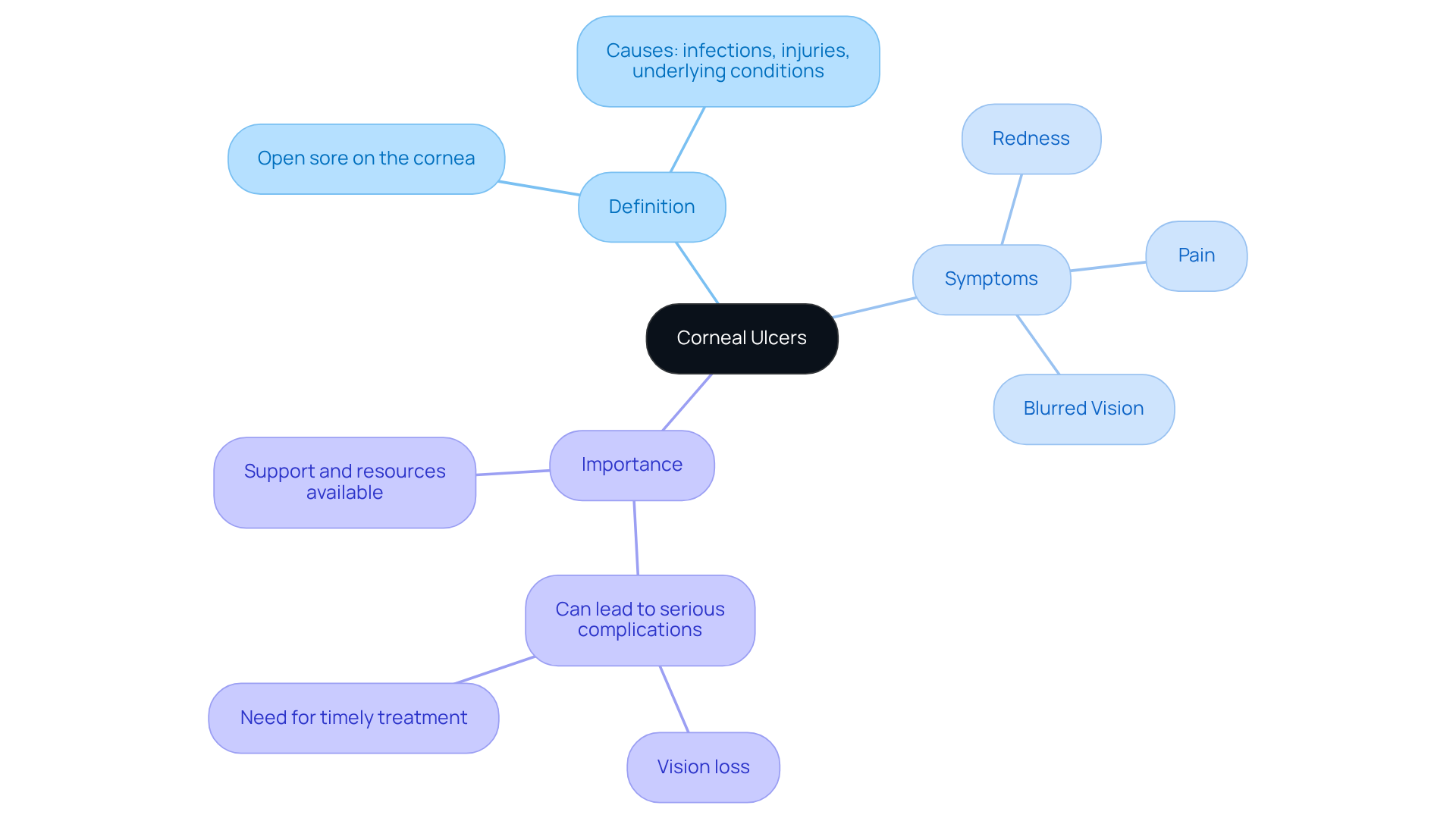 The center represents corneal ulcers, and the branches show key aspects: what they are, their symptoms, and why it's important to understand them. Follow the branches to explore each area.