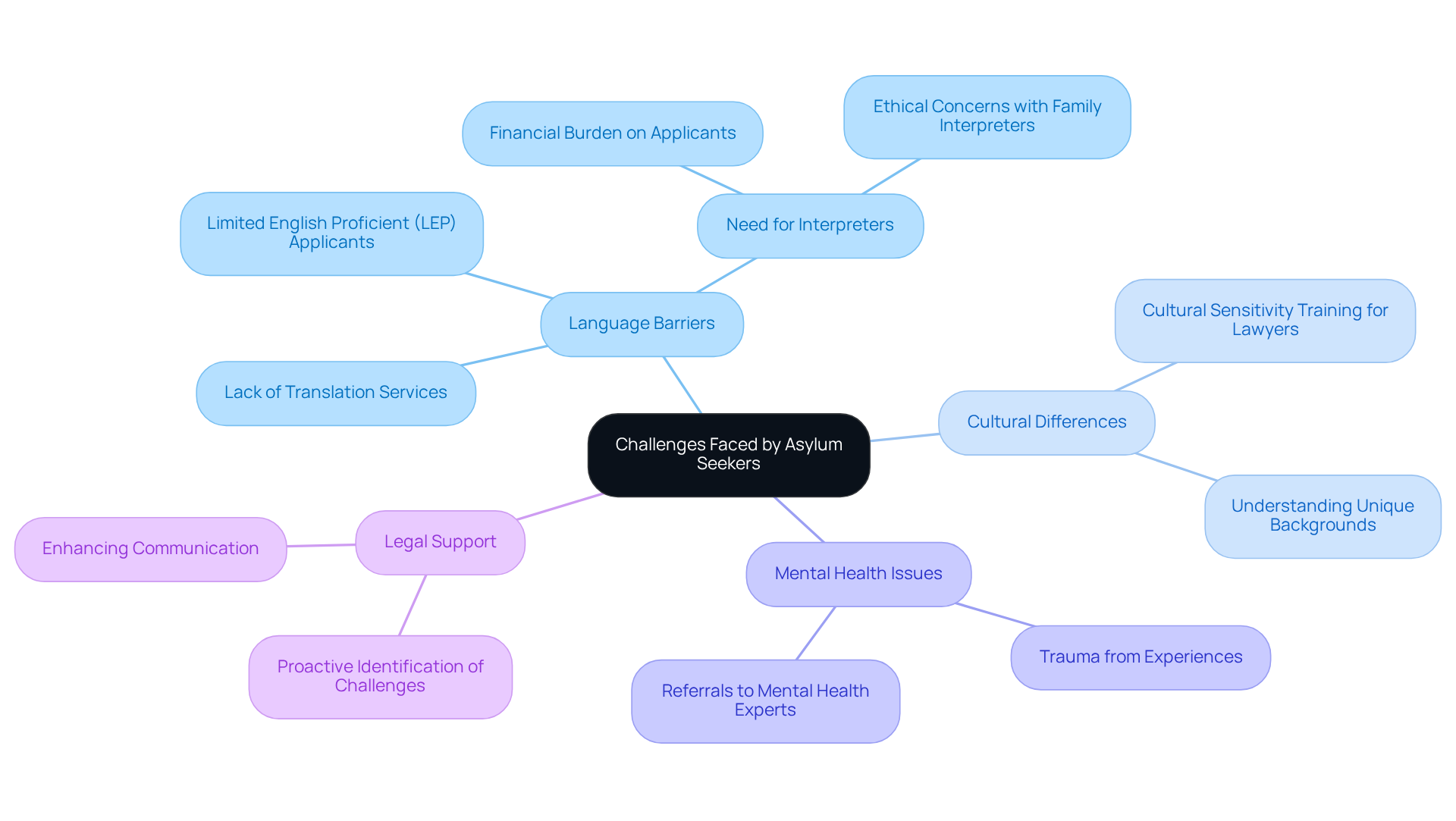 The central node represents the main theme, while the branches show different challenges. Each sub-branch provides more detail about specific issues and solutions, helping to visualize the complexity of the asylum process.