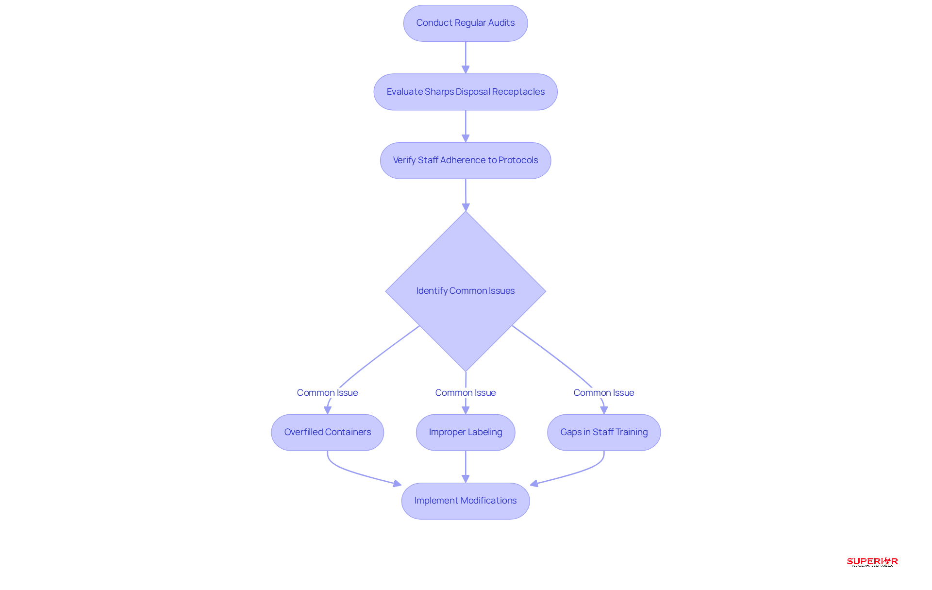 Follow the arrows to see how each step in the audit process connects. Each box represents an action or decision that helps ensure safe and compliant disposal practices.