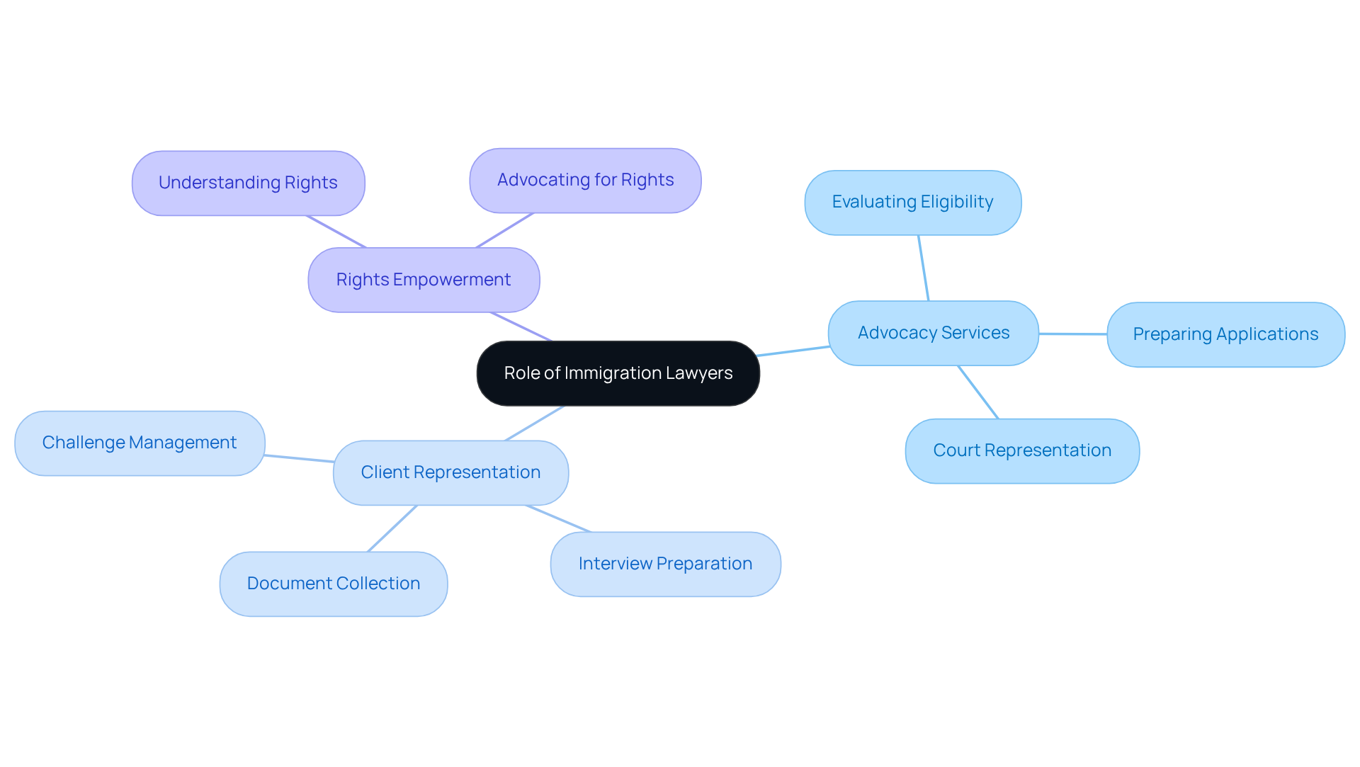 The central node represents the main theme, while each branch shows specific roles and services immigration lawyers provide, helping clients navigate their rights and the immigration process.