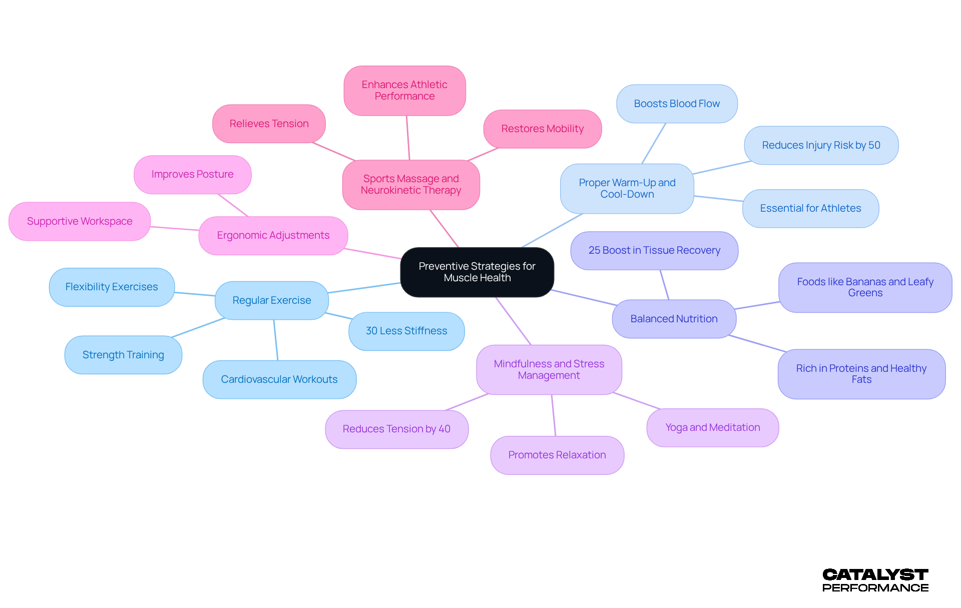 The central node represents the main theme of muscle health strategies. Each branch shows a specific strategy, and the sub-branches provide additional details or benefits related to that strategy. This layout helps you visualize how each strategy contributes to overall muscle health.