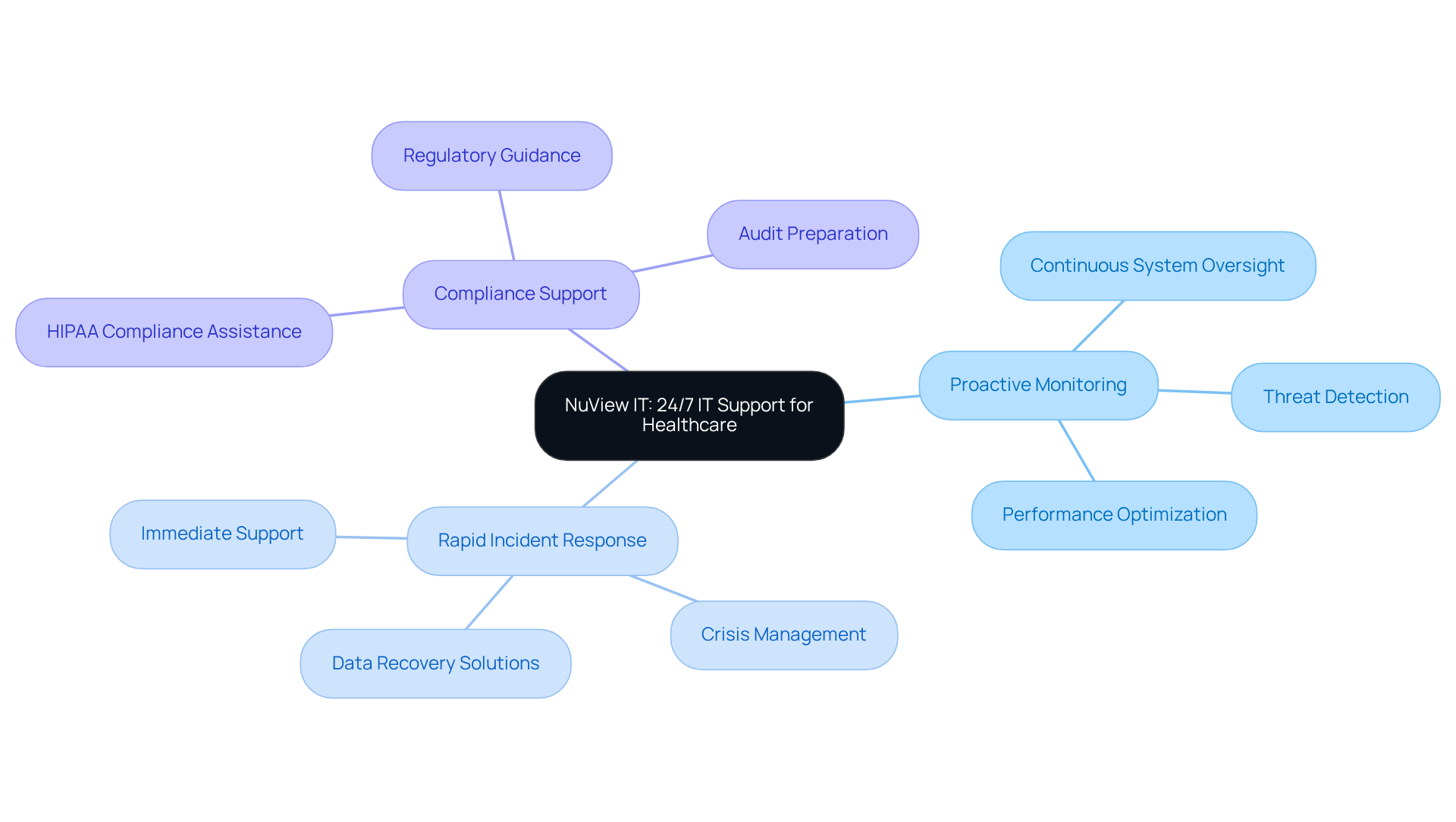 The center node represents NuView IT's core service. Each branch shows a key area of support, with further details on how they help healthcare providers focus on patient care.
