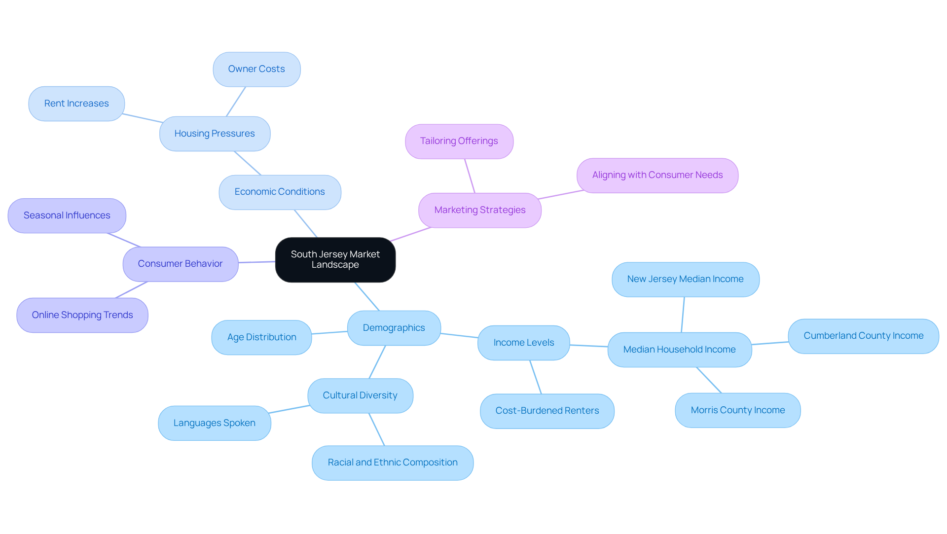 The central node represents the overall market landscape, while the branches show different aspects that businesses need to consider. Each sub-branch provides specific insights that can help tailor strategies to local consumers.