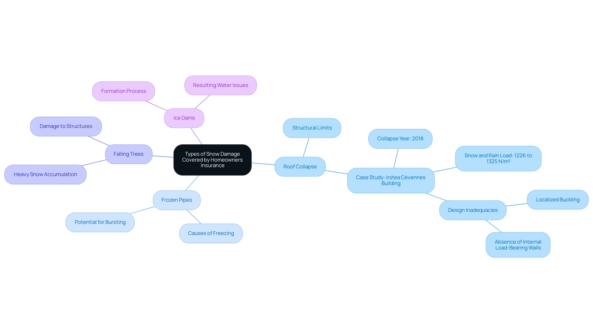The central node represents the main topic, with branches indicating different types of snow damage covered by insurance, each with its unique color.
