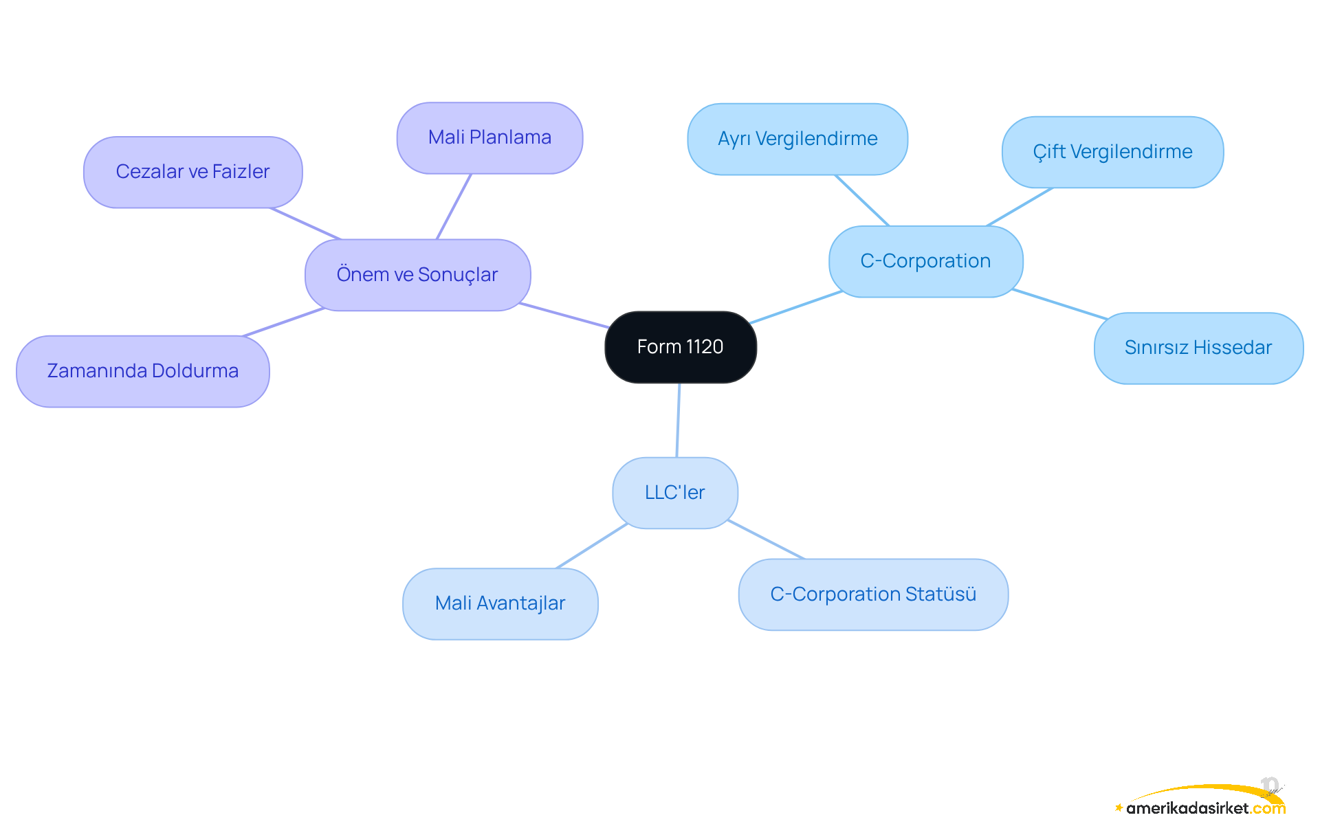 Merkezde Form 1120 var, dallar ise bu formu doldurması gereken grupları ve ilgili bilgileri gösteriyor. Her dal, konunun farklı bir yönünü temsil ediyor.
