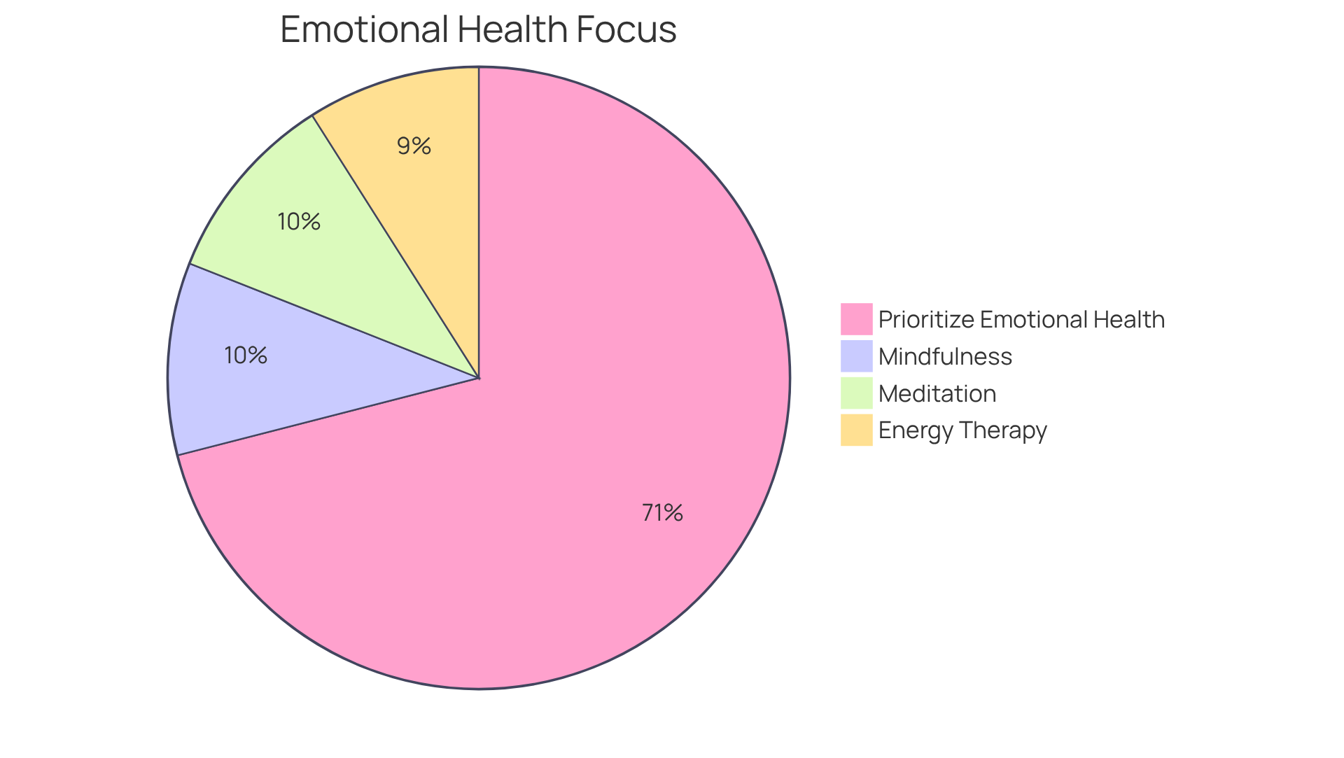 The larger slice shows the majority of people who value emotional health, while the smaller slices represent different holistic practices that contribute to achieving emotional balance. Each slice's size indicates its importance in the overall approach. The larger slice shows the majority of people who value emotional health, while the smaller slices represent different holistic practices that contribute to achieving emotional balance. Each slice's size indicates its importance in the overall approach.