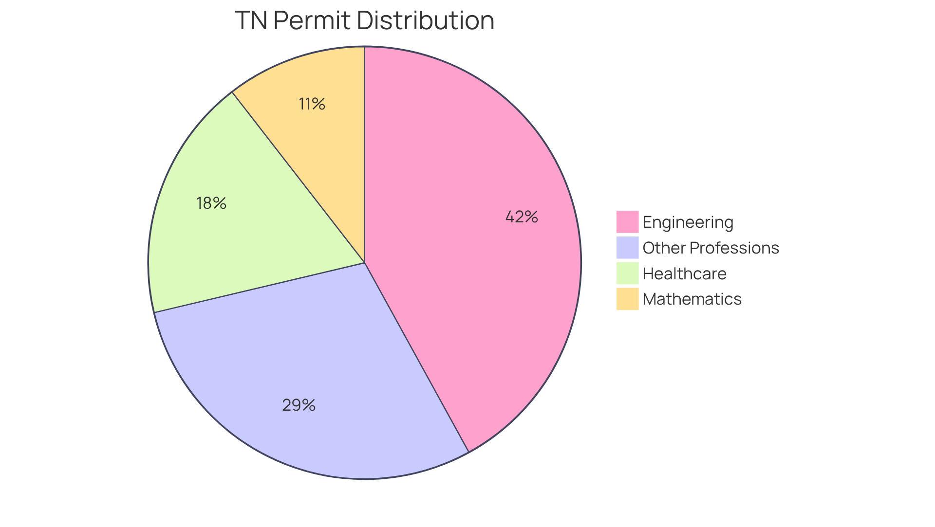 Each slice of the pie represents a different profession among TN Visa holders. The size of each slice shows how many people work in that field - the bigger the slice, the more professionals are in that area. For example, if healthcare has a large slice, it means many TN Visa holders are working in healthcare roles.