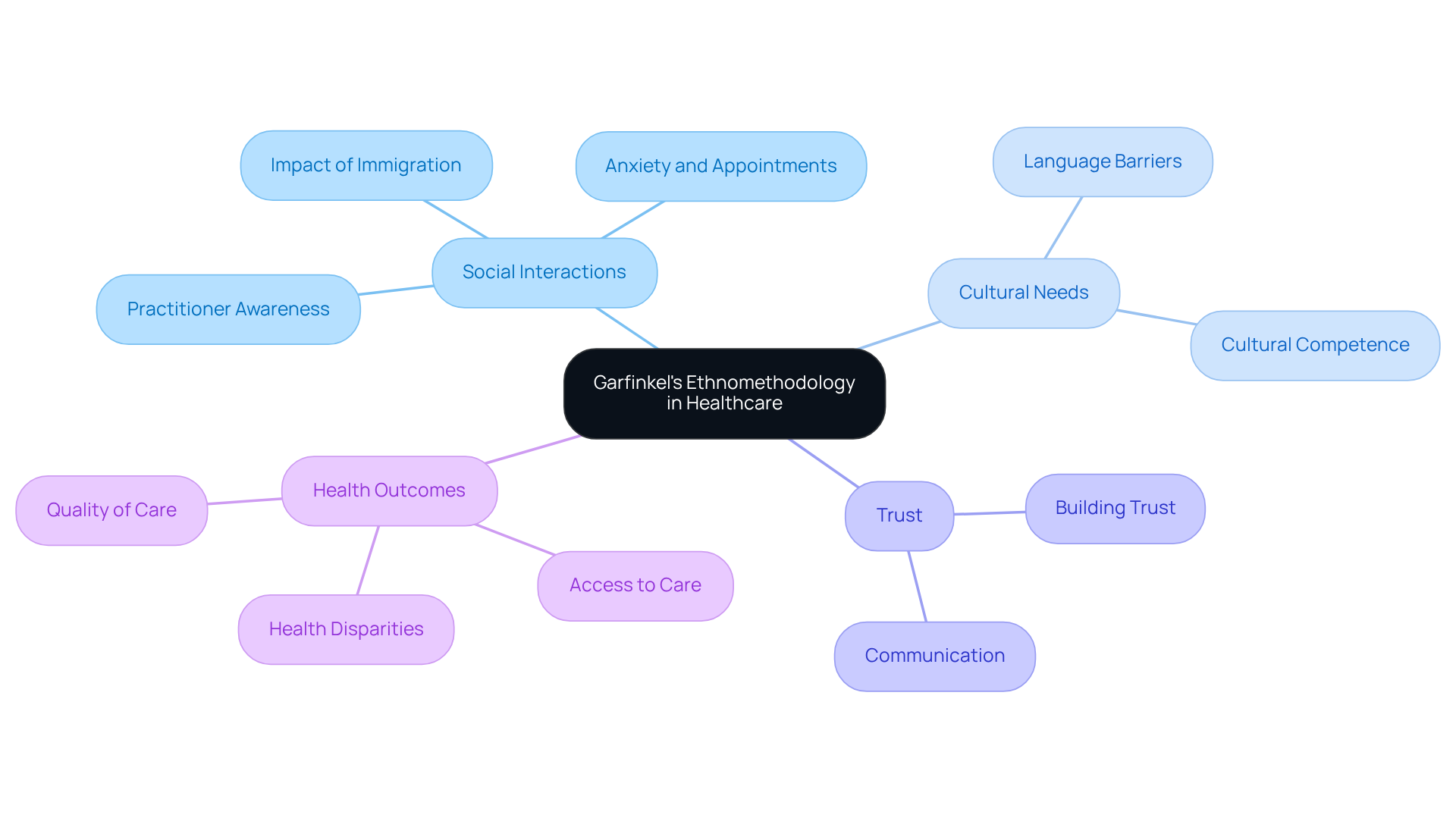 The central node represents the main idea, with branches showing various interconnected topics and subtopics that illustrate the relationships and dynamics in healthcare interactions.