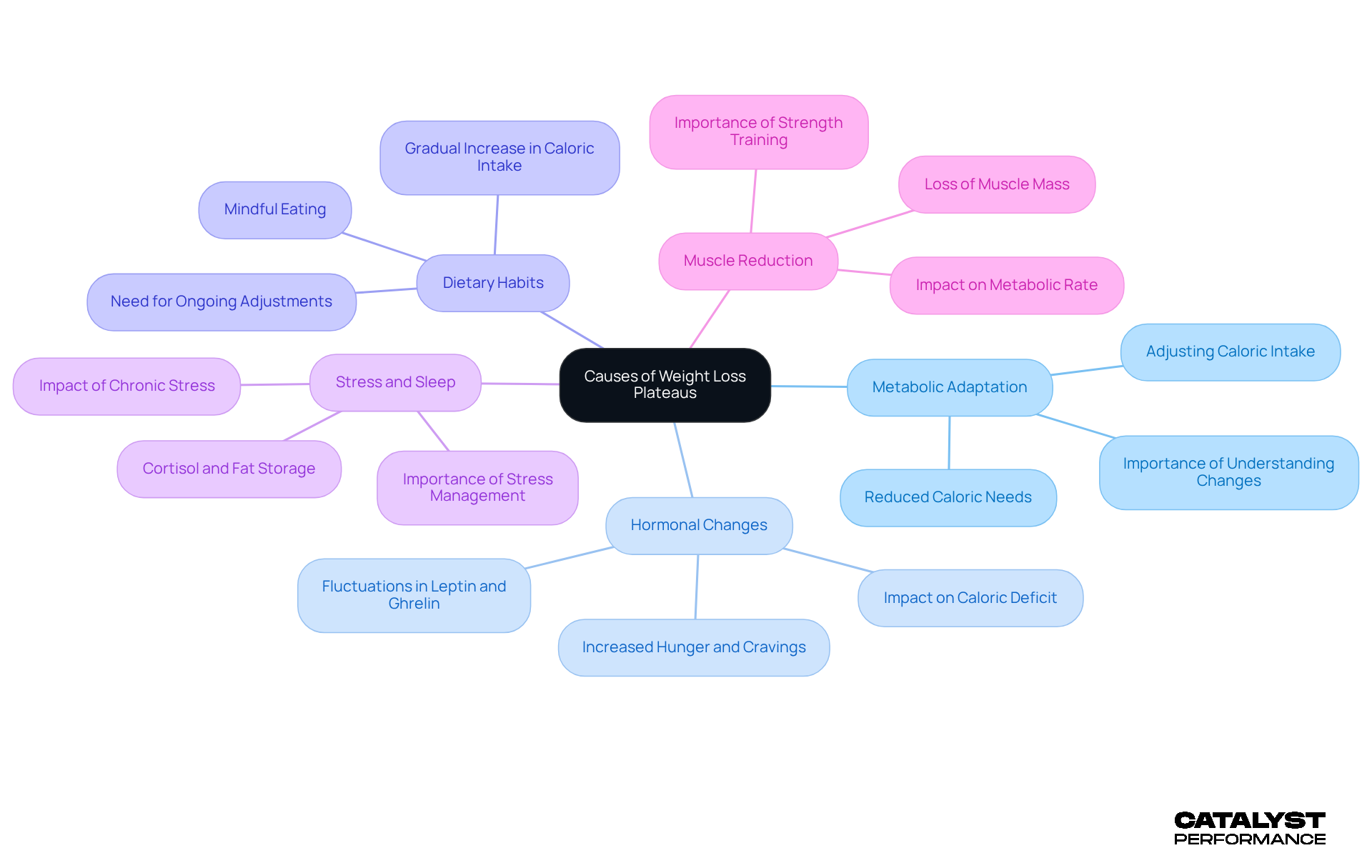 The central node represents the main topic, while each branch shows a different cause of weight loss plateaus. The sub-branches provide additional details about each cause, helping you see how they all connect to the overall challenge of maintaining weight loss.